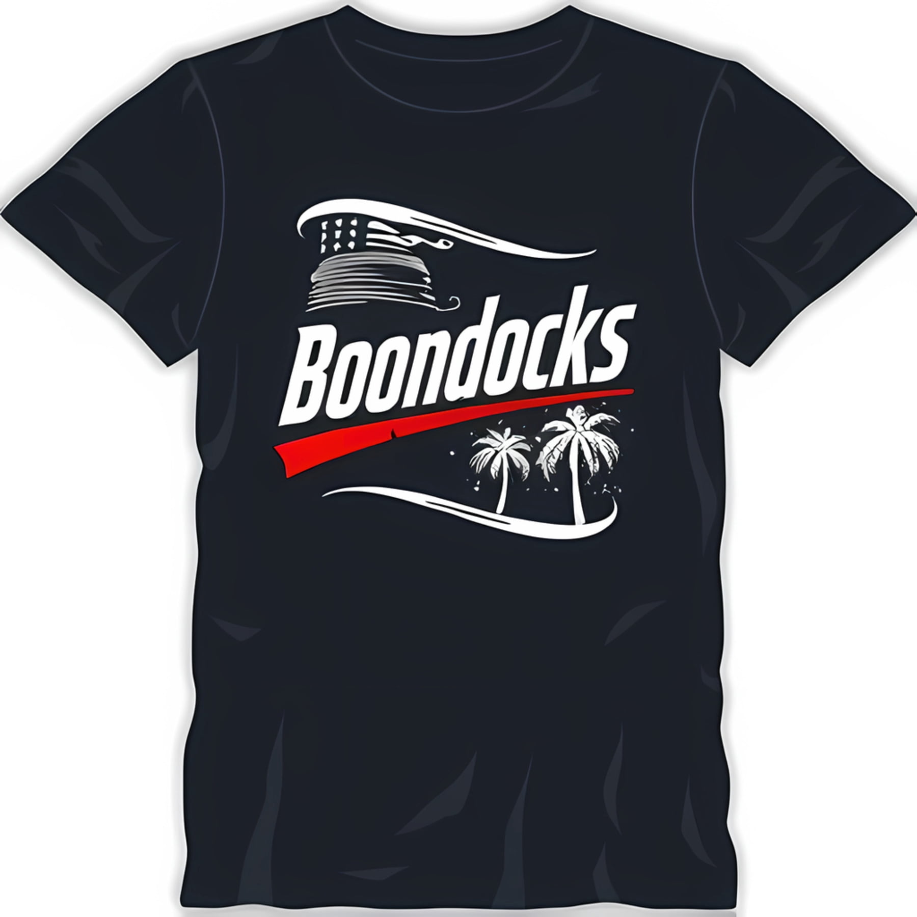 Black T-Shirt with Bold White Tree Graphic & 'Boondocks' Underlined in ...