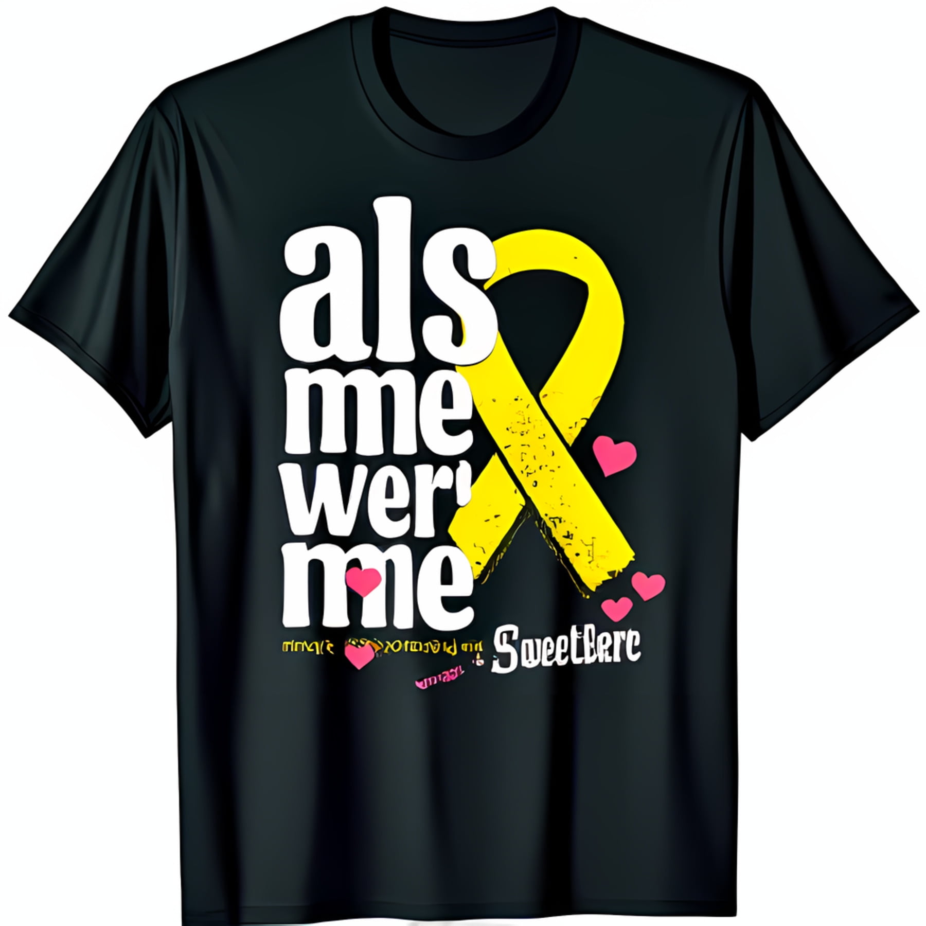 Black T-Shirt with Bold White me wer me Graphic & Yellow Ribbon Design ...