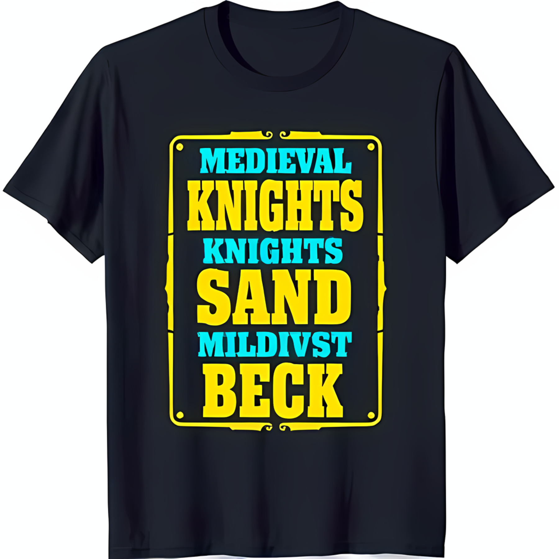 Black T-Shirt with Bold Yellow & Blue Medieval Knights Graphic Design ...