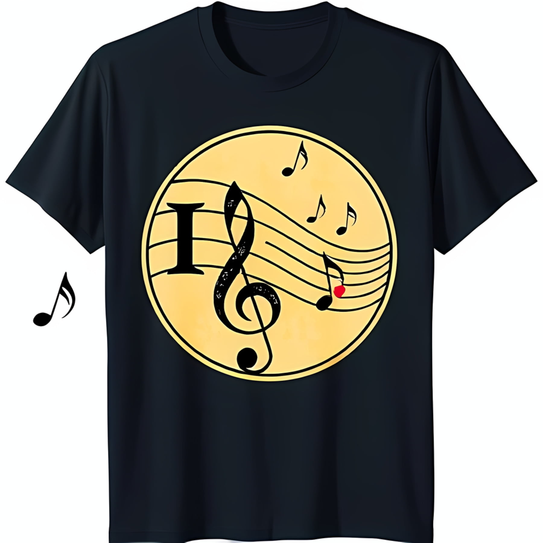Black T-Shirt with Bold Yellow Circle Design Featuring Treble & Musical ...