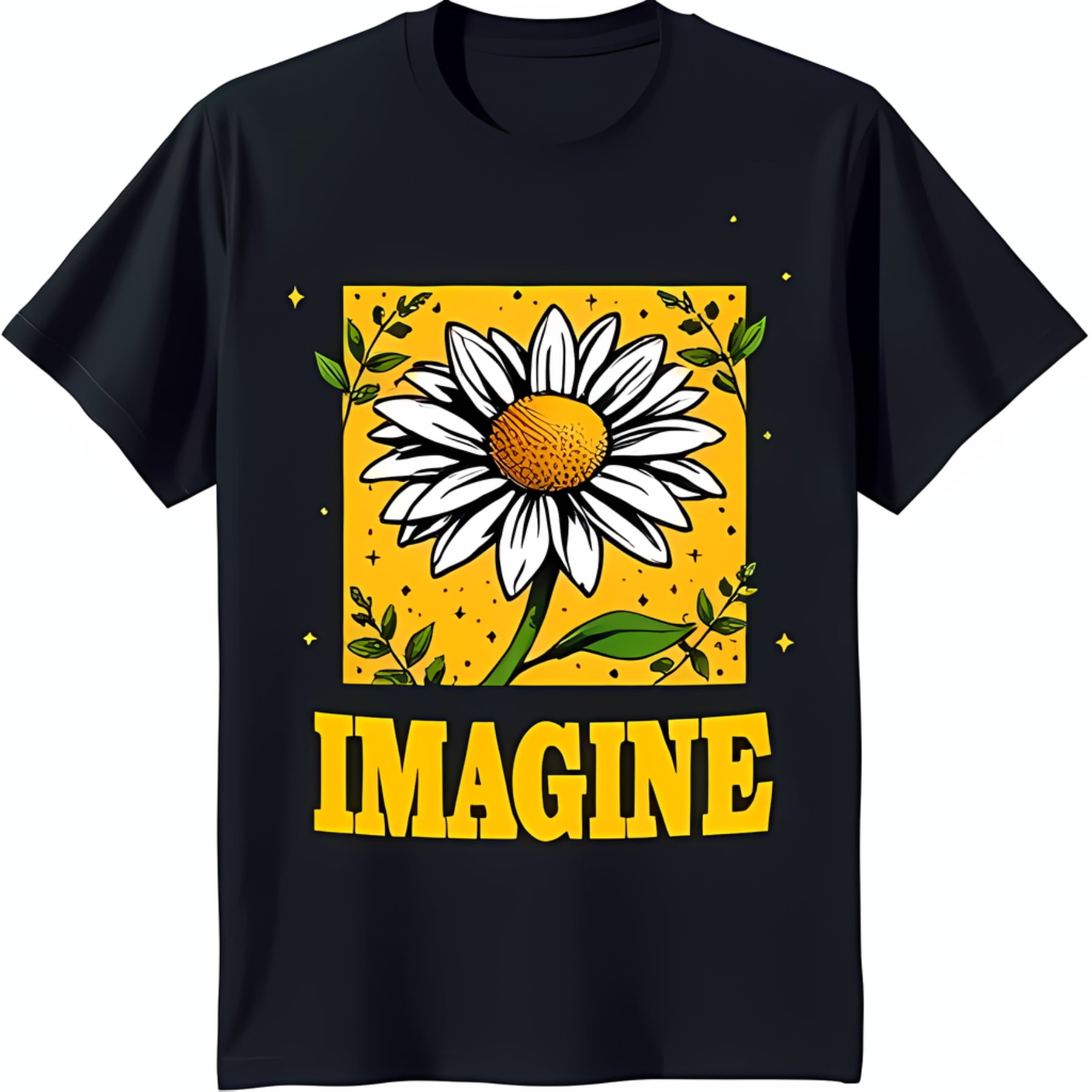 Black T-Shirt with Bold Yellow Daisy Graphic Green Leaves & Stars ...