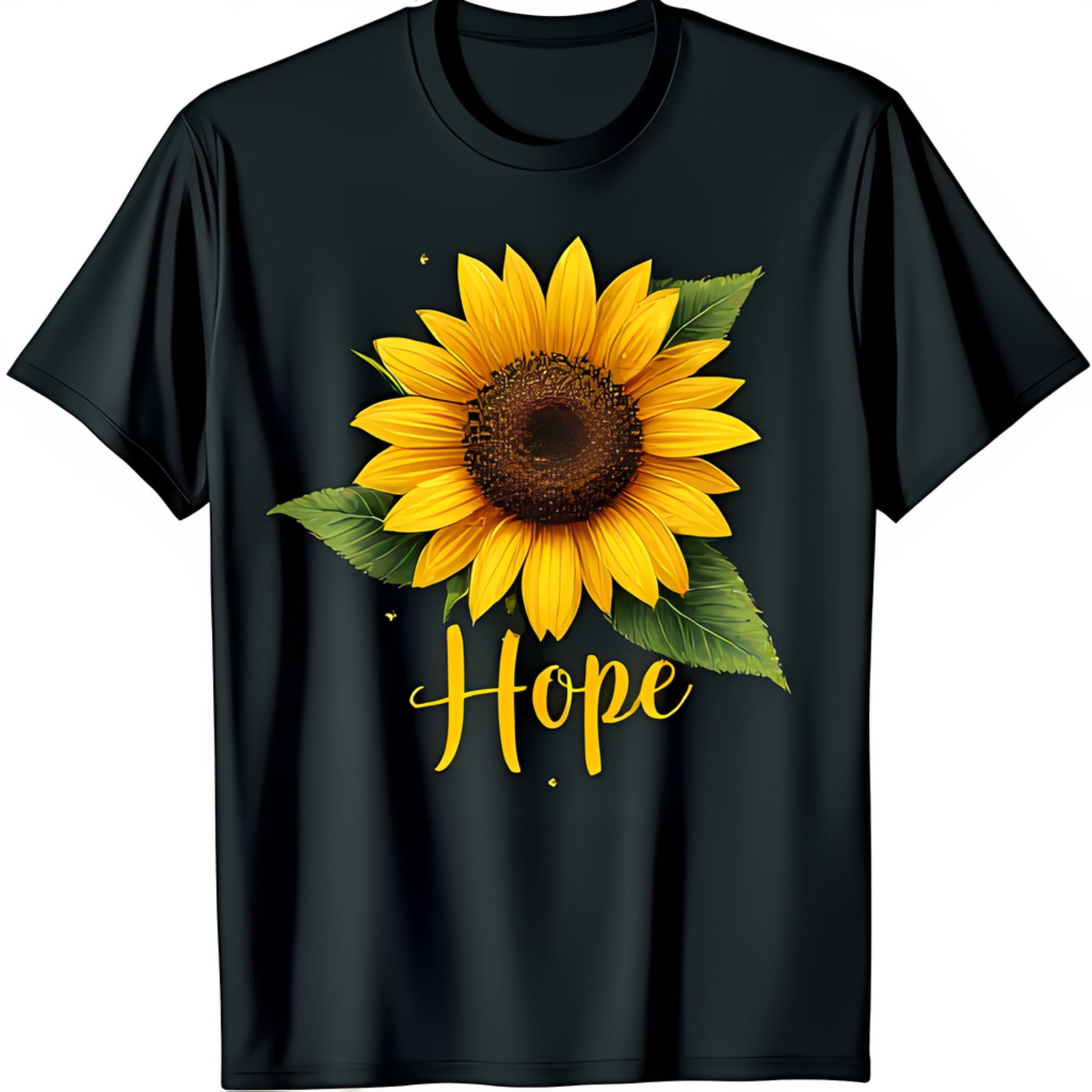 Black T-Shirt with Bold Yellow Hope Graphic and Sunflower Design ...