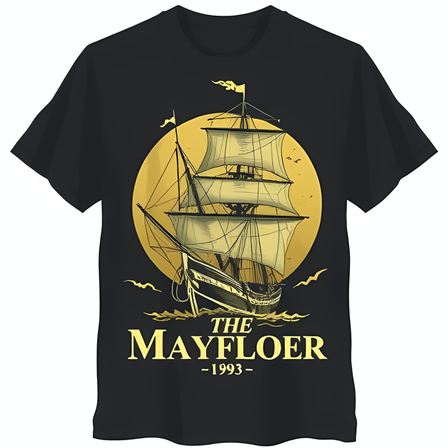 Black T-Shirt with Bold Yellow Moon & White Ship Graphic The Mayflower ...