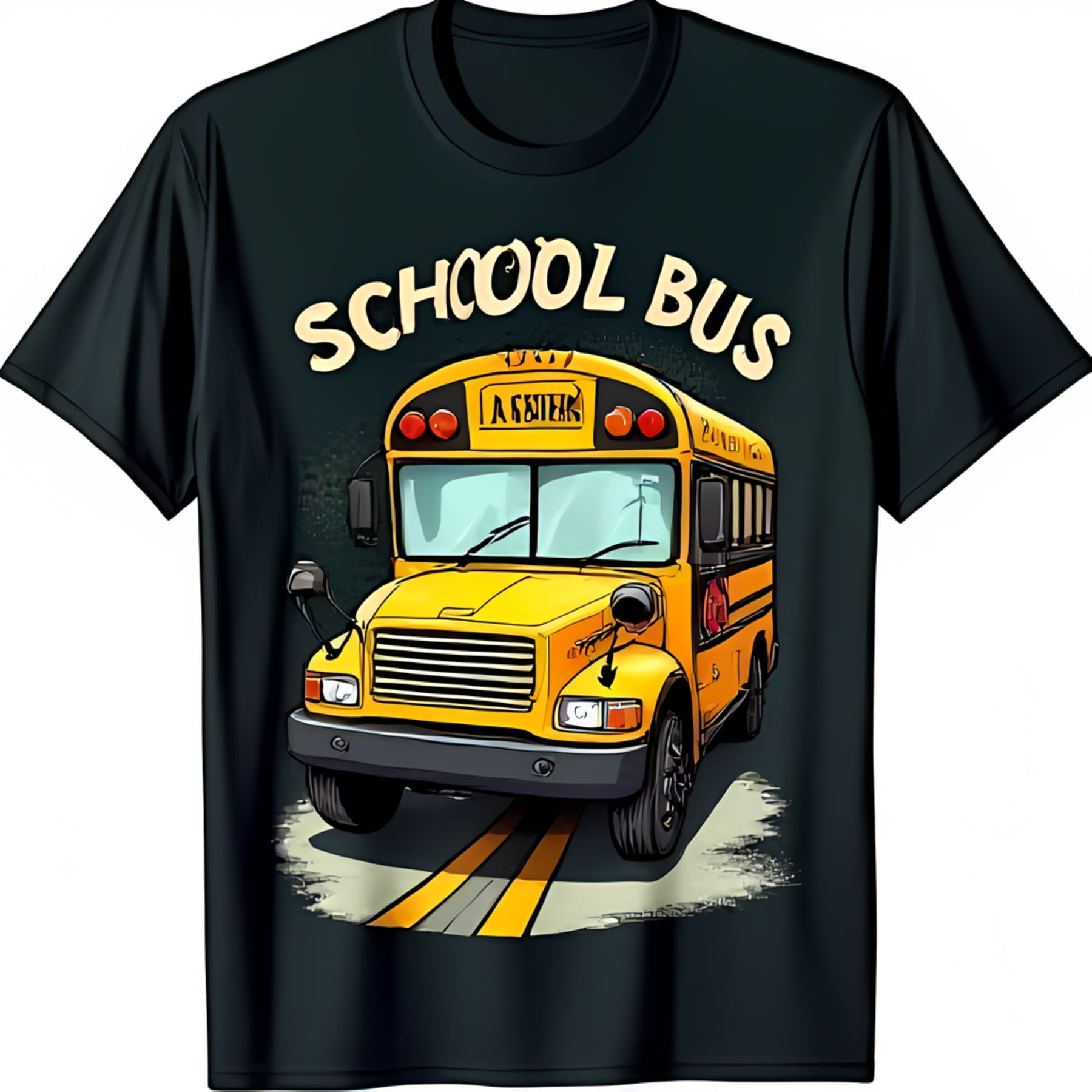Black T-Shirt with Bold Yellow School Bus Graphic and 'School Bus' Text ...
