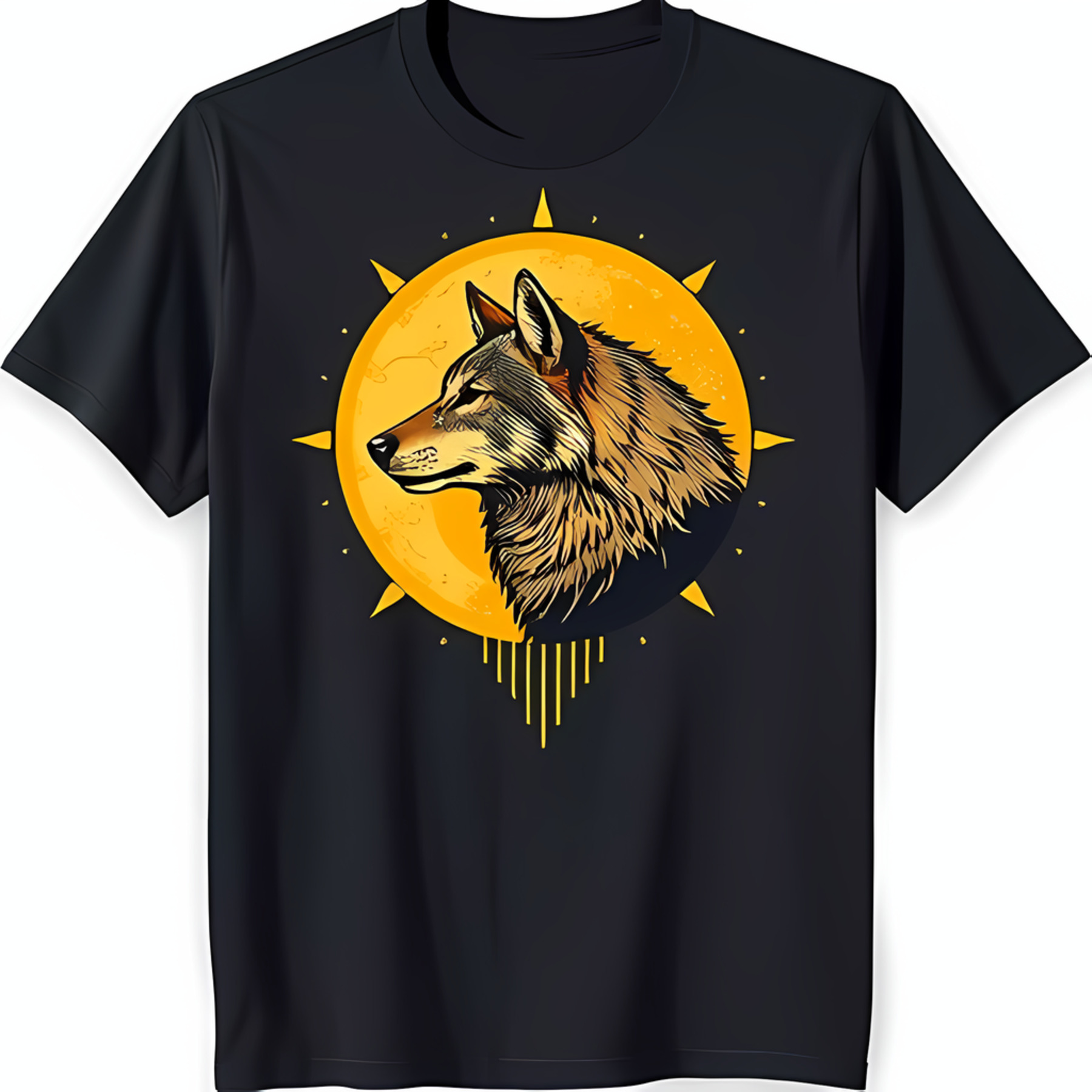 Black T-Shirt with Bold Yellow Sun Graphic & Fierce Left Facing Design ...