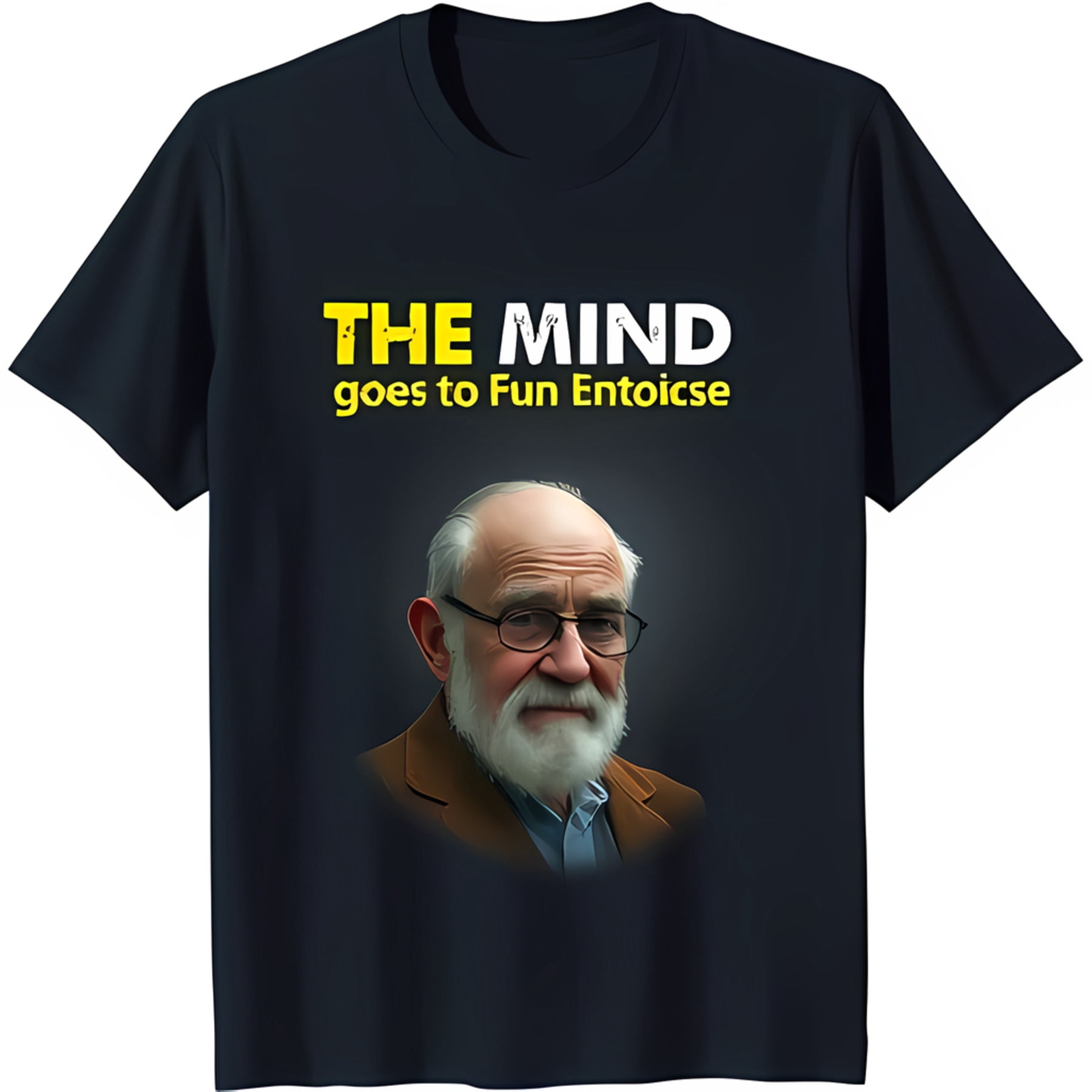 Black T-Shirt with Bold Yellow & White Graphic: 'THE MIND goes to Fun ...