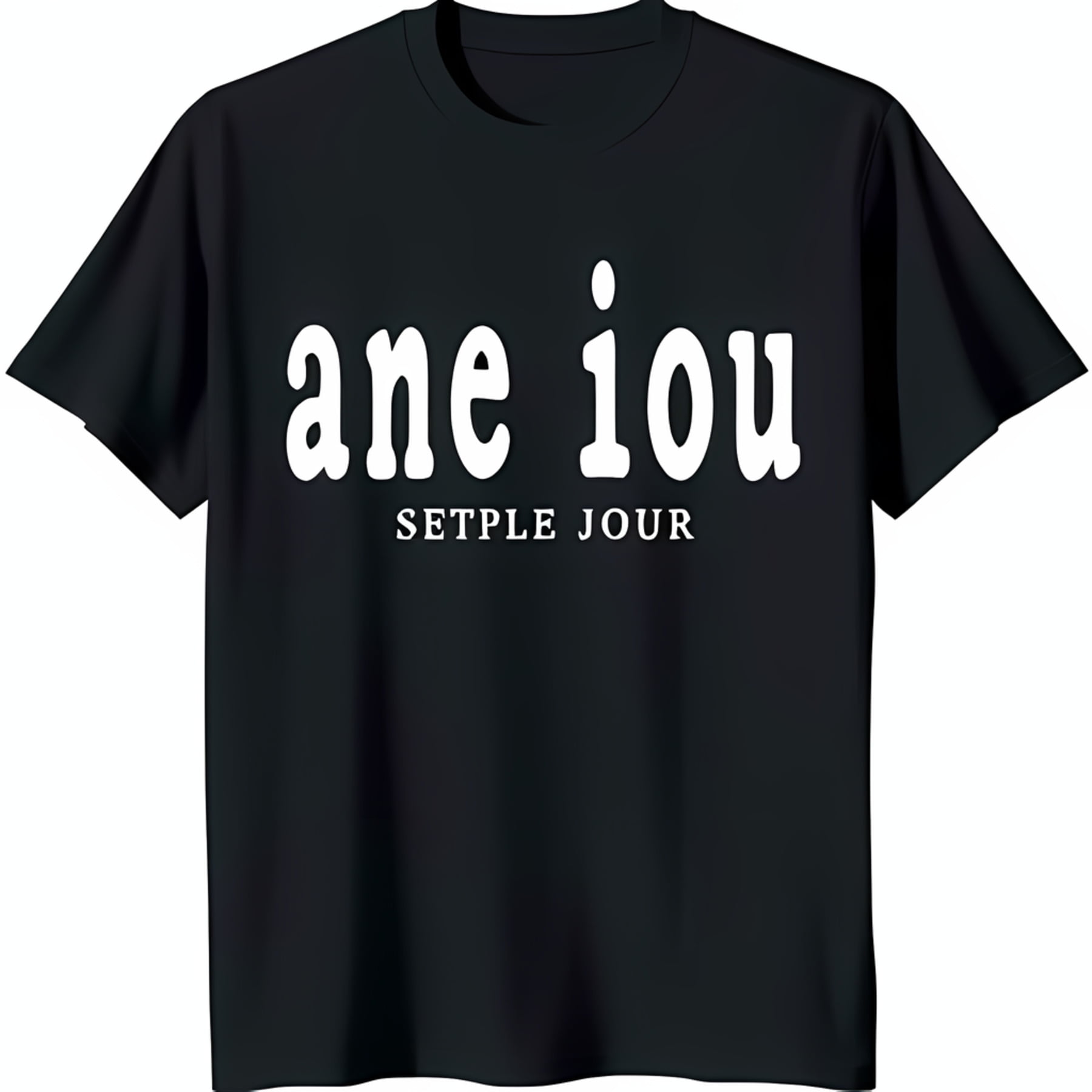 Black T-Shirt with Bold 'ane iou' Graphic and 'SETPLE JOUR' Inscription ...