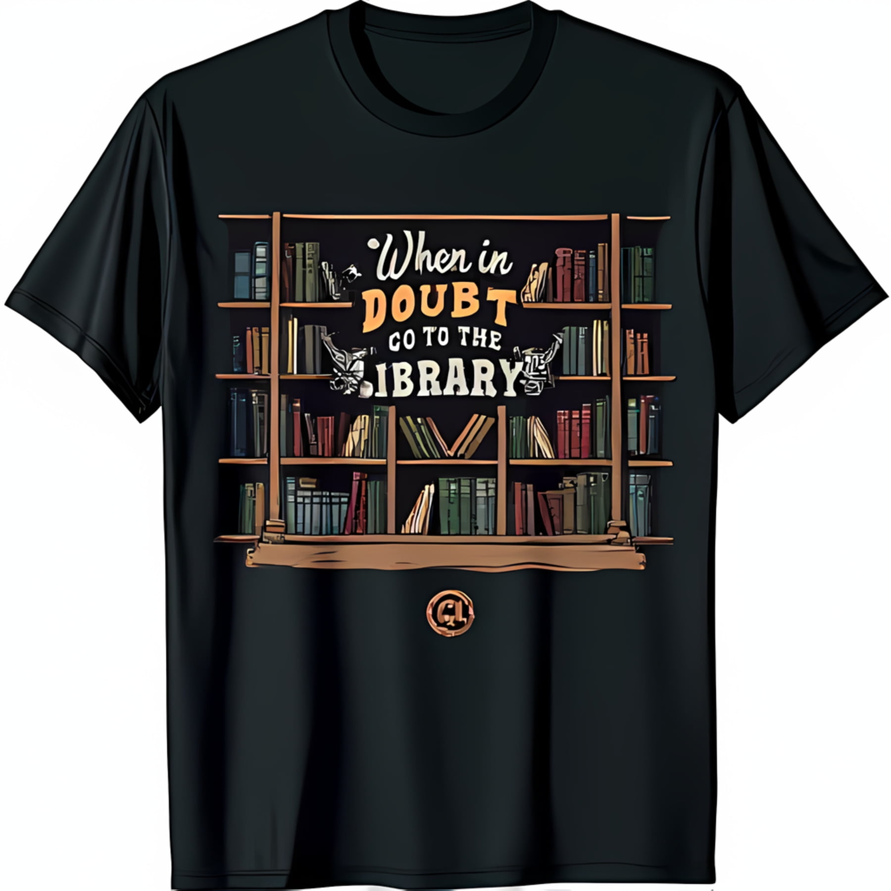 Black T-Shirt with Bookshelf Graphic When in Doubt Go to the Library ...