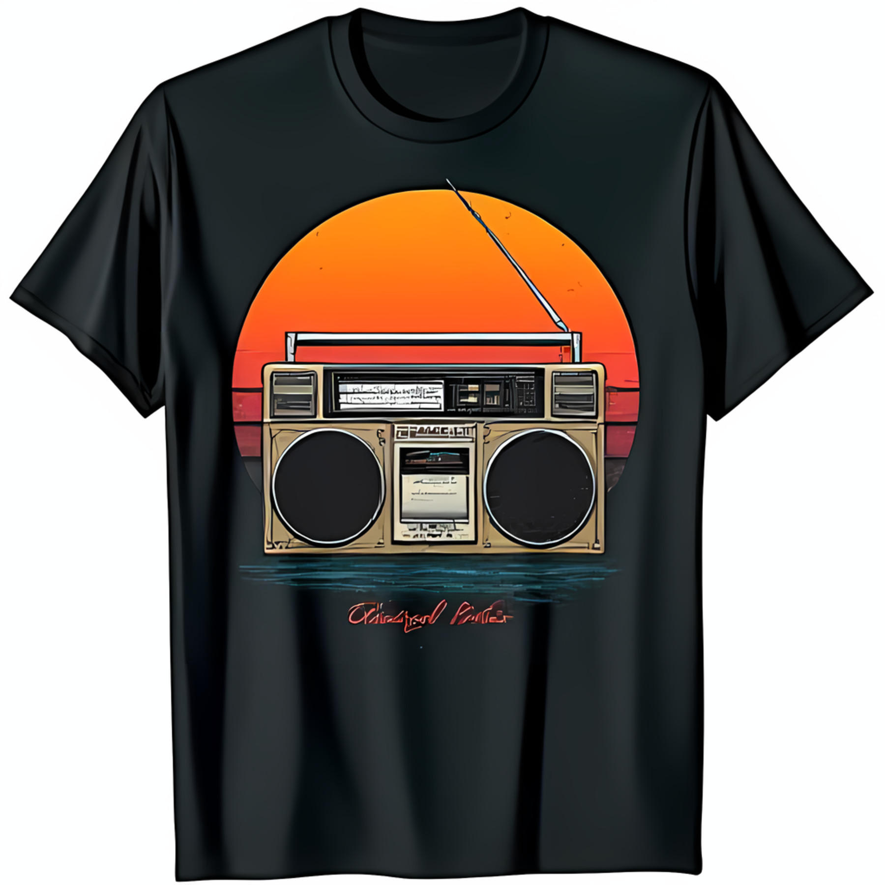 Black T-Shirt with Boombox Design and Sunset Circle 'Cheeseburger Radio ...