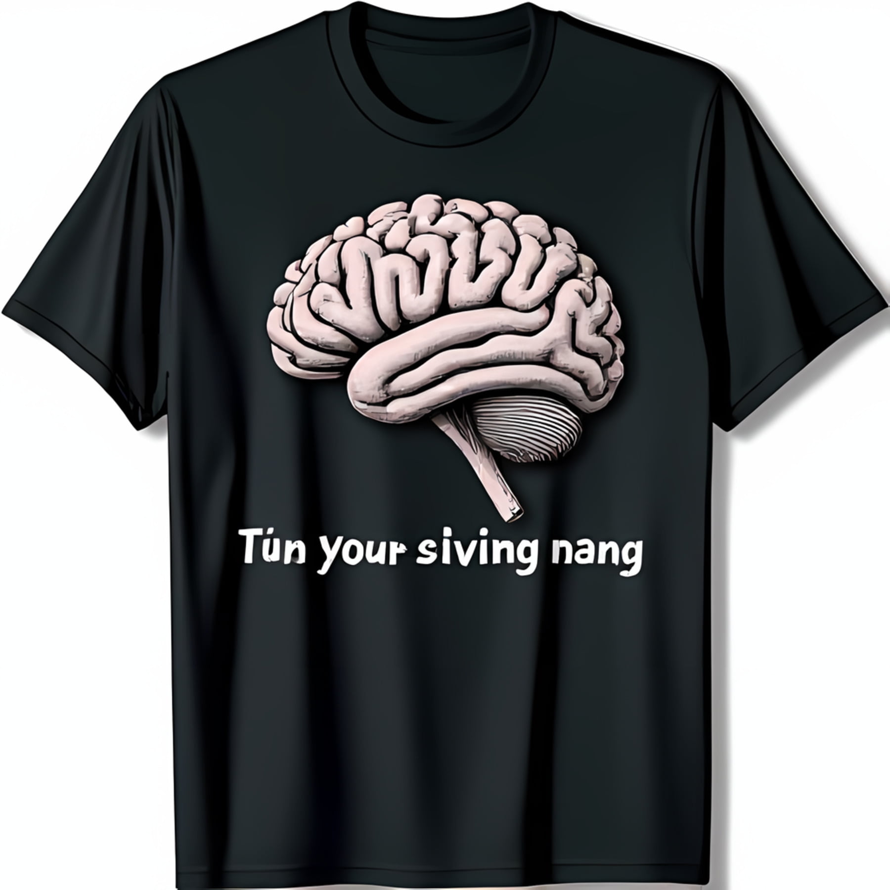 Black T-Shirt with Brain Graphic & Humorous Tün Your Sivving Nang Text ...
