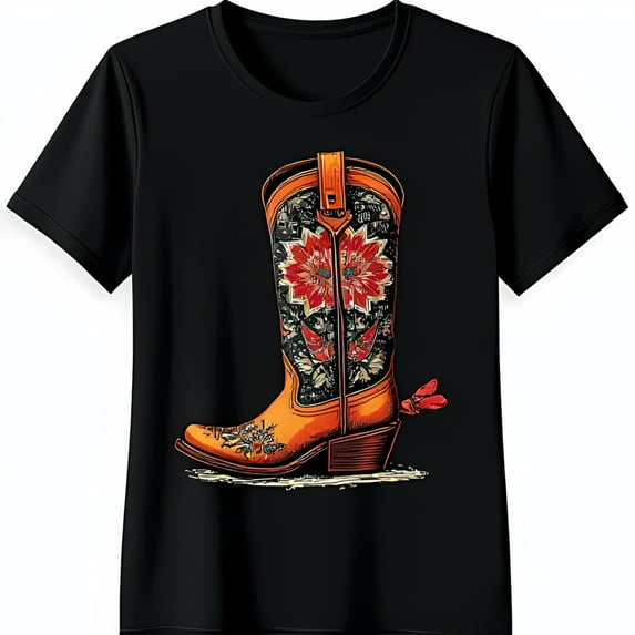 Black T-Shirt with Bright Cowboy Boot and Floral Design for Music ...