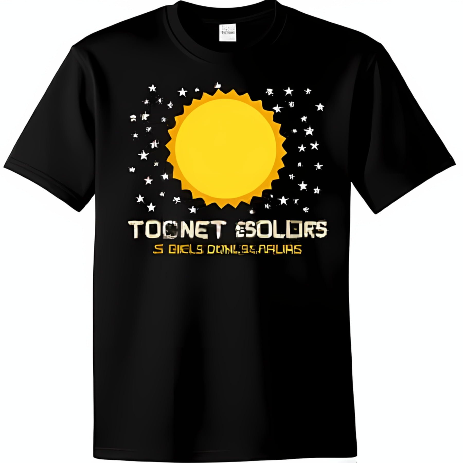 Black T-Shirt with Bright Yellow Sun and White Stars Bold Mystical ...