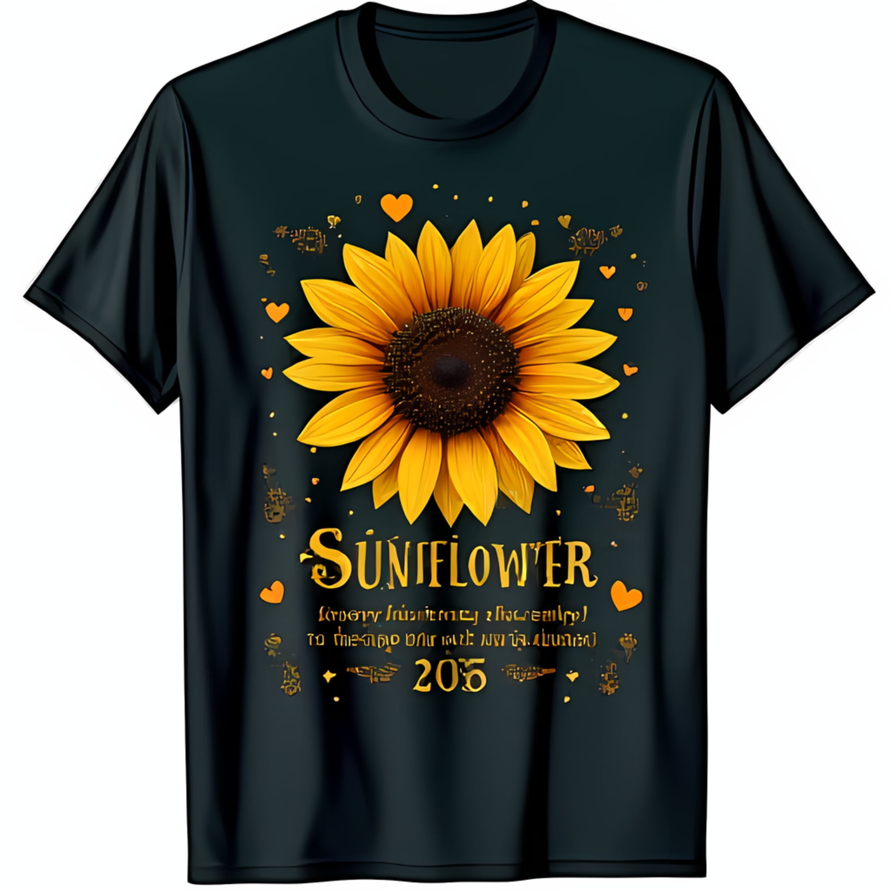 Black T-Shirt with Bright Yellow Sunflower Design & Gold 'SUNFLOWER ...