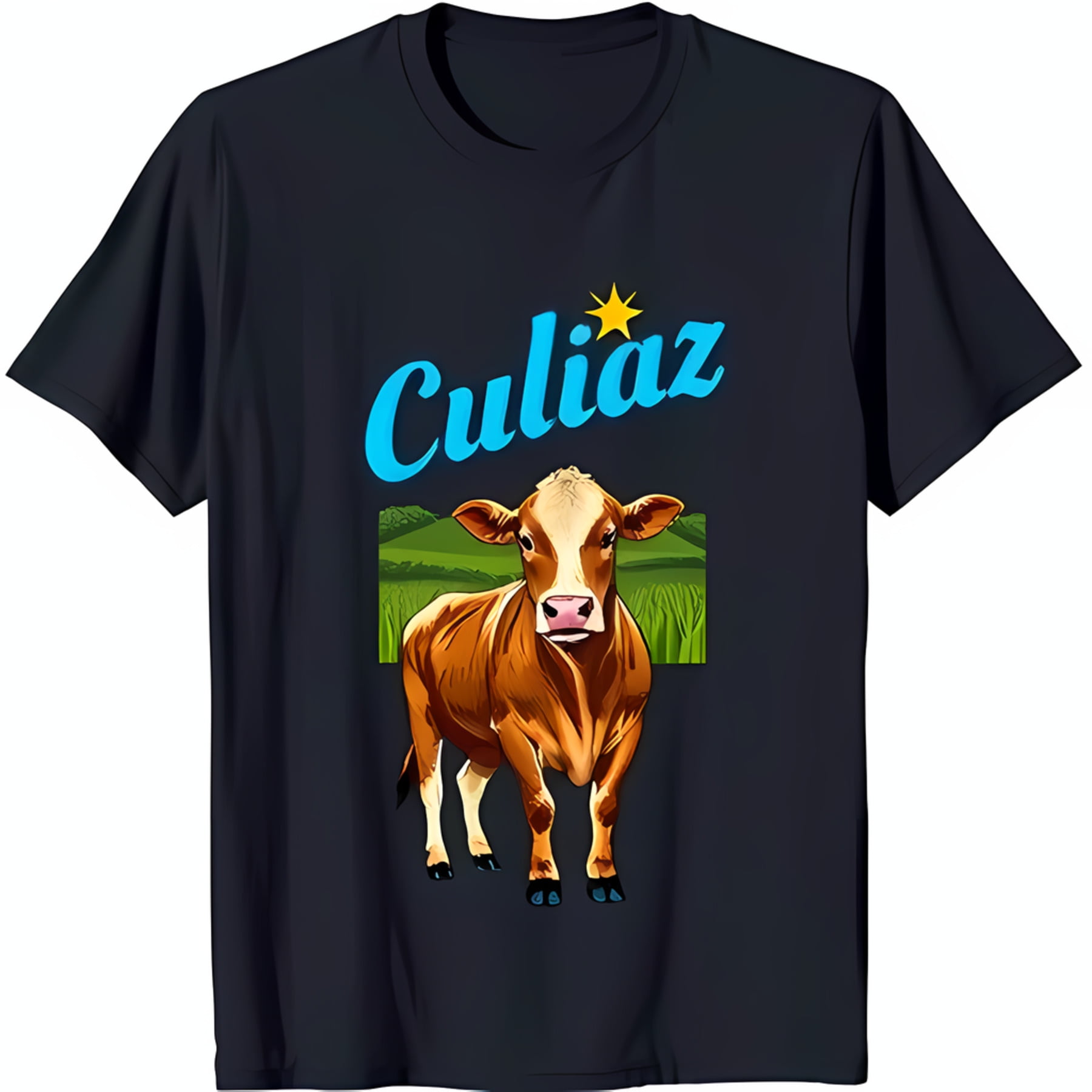 Black T-Shirt with Brown Cow in Grass Field 'Culiaz' Light Blue Text ...