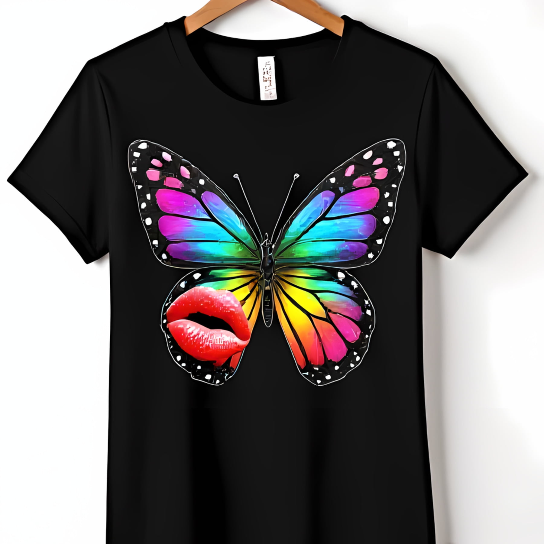 Black T-Shirt with Butterfly Design and Pouty Lip Graphic - Walmart.com