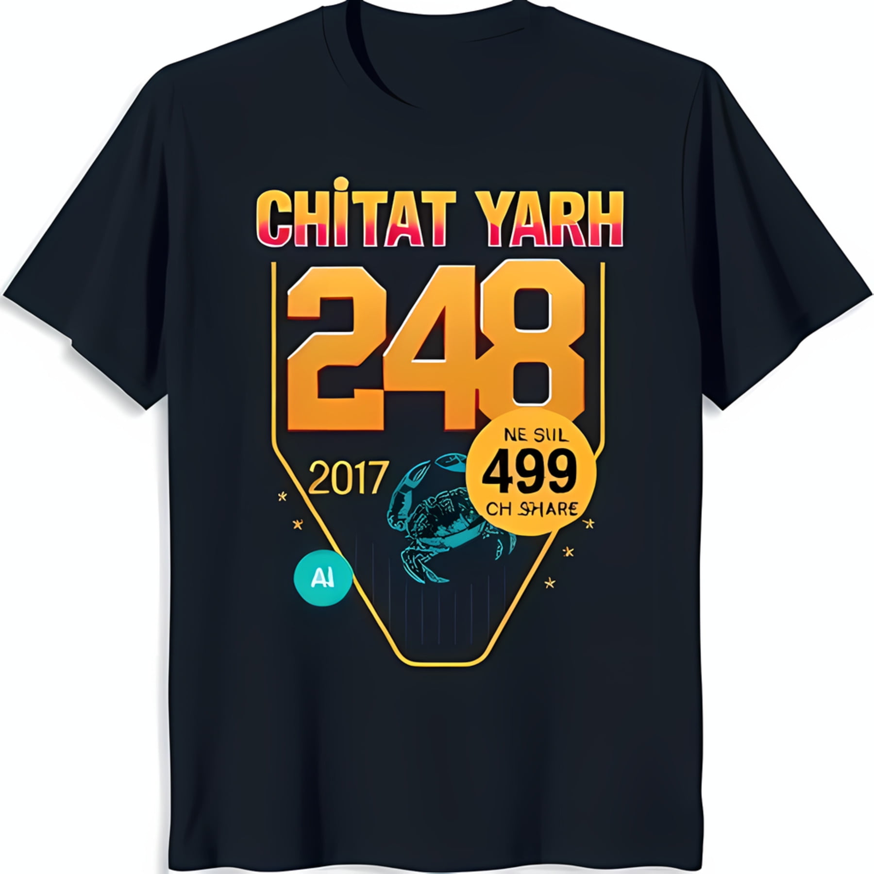 Black T-Shirt with 'CHITAT YARH' & '248' Graphic Circle & Blue Crab ...
