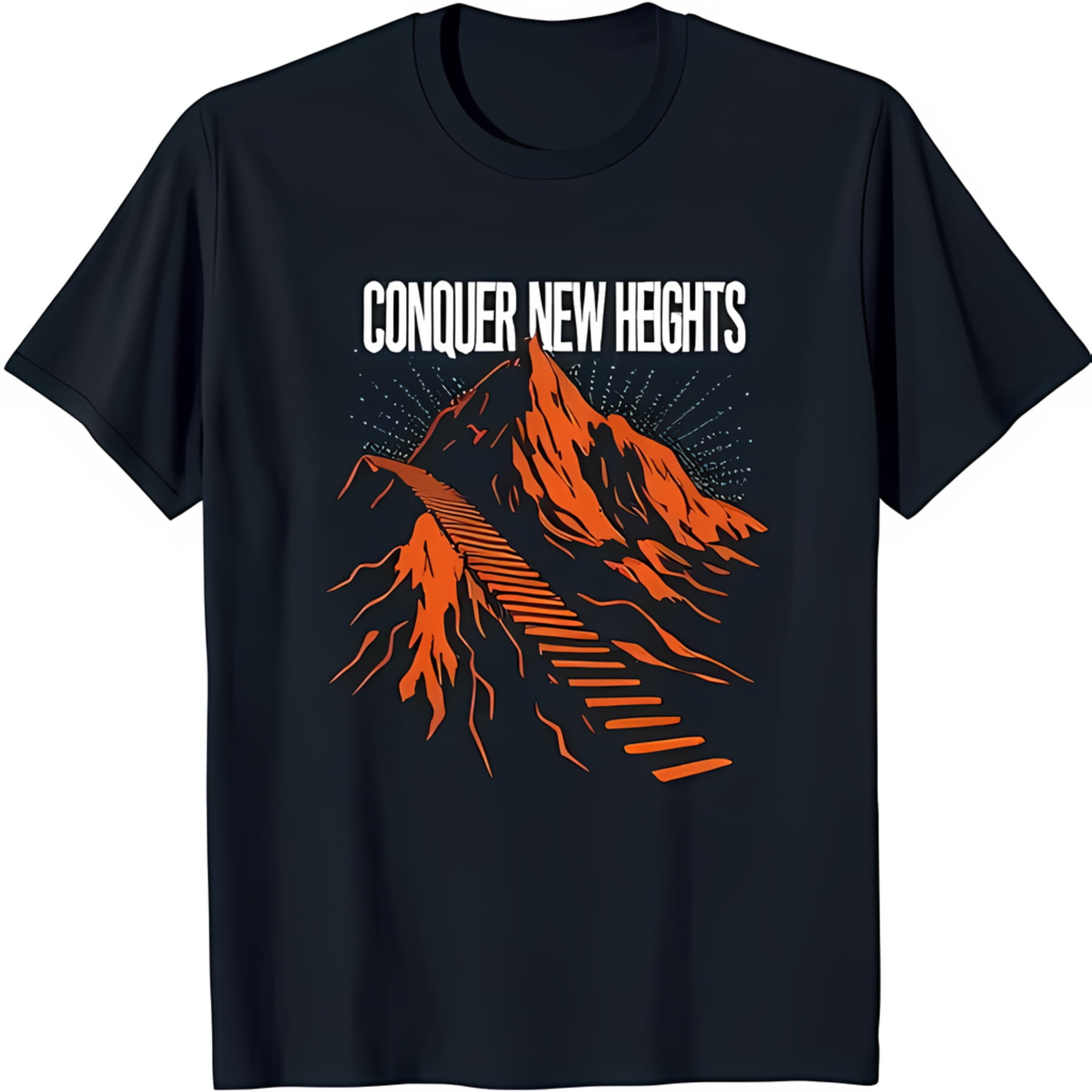 Black T-Shirt with 'CONQUER NEW HEIGHTS' Graphic & Mountain Design ...