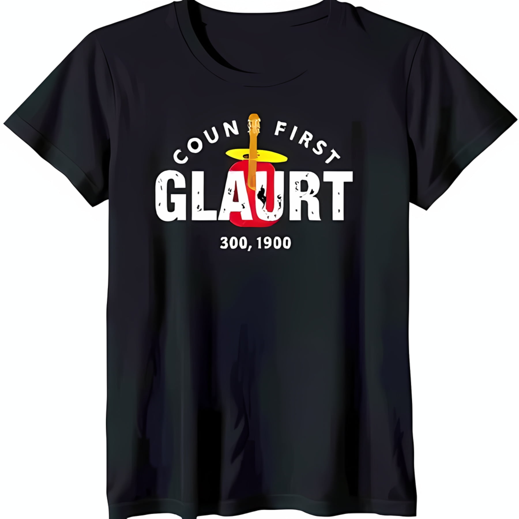 Black T-Shirt with 'COUN FIRST GLAURT 300 1900' Graphic & Cymbal Design ...
