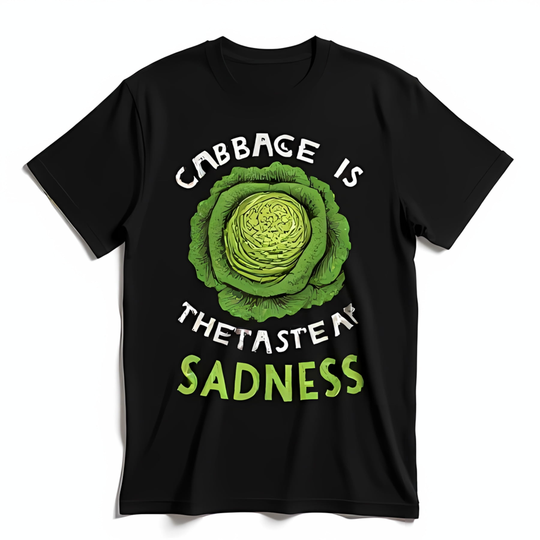 Black T-Shirt with Cabbage Graphic: 'CABBAGE IS THE TASTE OF SADNESS ...