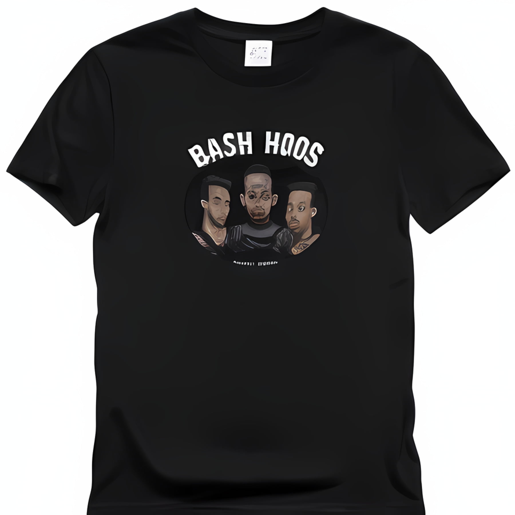 Black T-Shirt with Caricature of Three Men in Circle 'BASH dusky hulkos ...