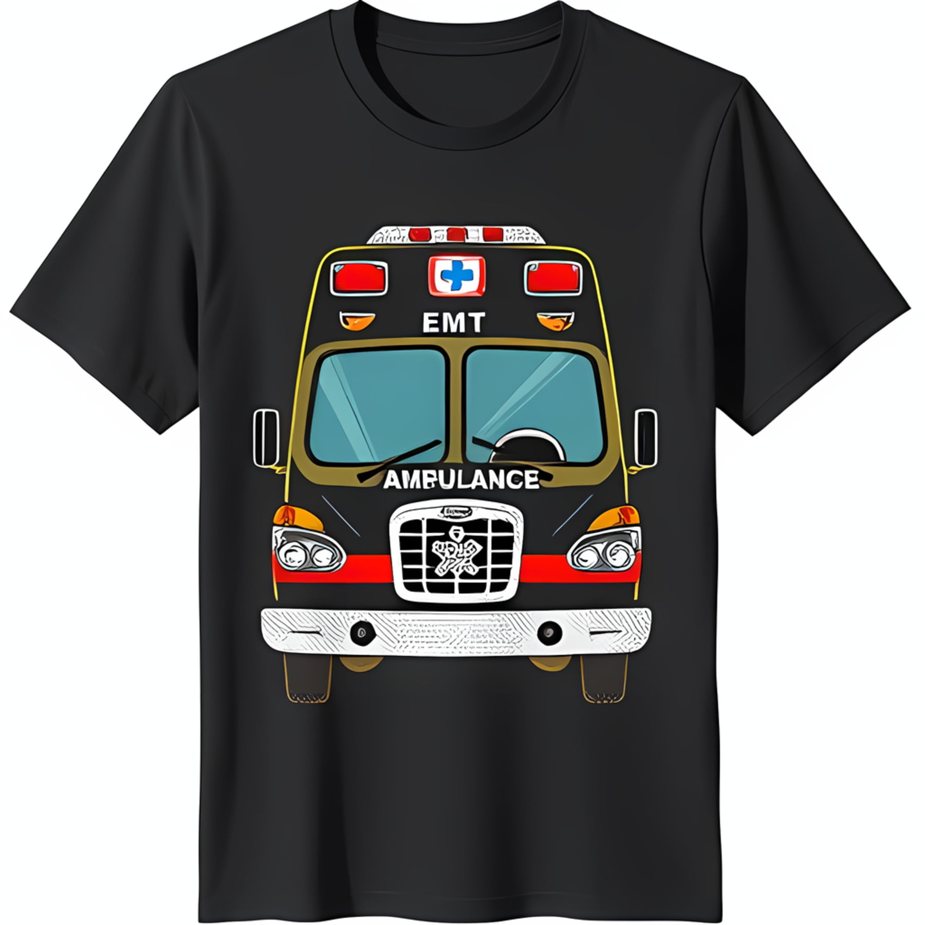 Black T-Shirt with Cartoon Ambulance Design EMT & Ambulance Graphic Tee ...