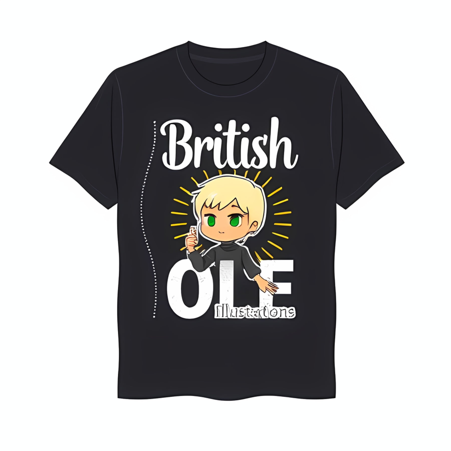 Black T-Shirt with Cartoon Boy Graphic 'British ' Design Hair & Green ...