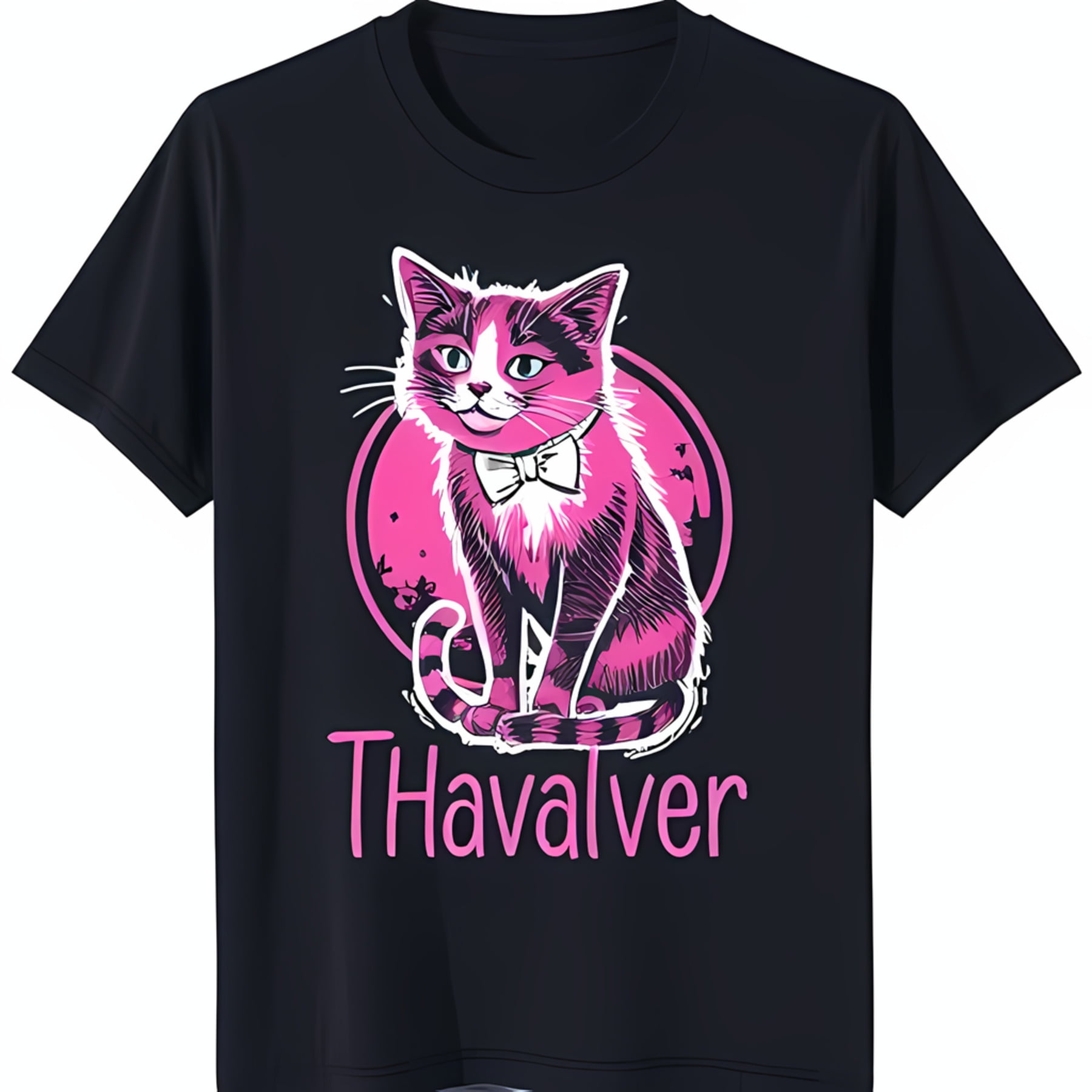 Black T-Shirt with Cartoon Cat Graphic Pink Circle & 'Thavalver ...