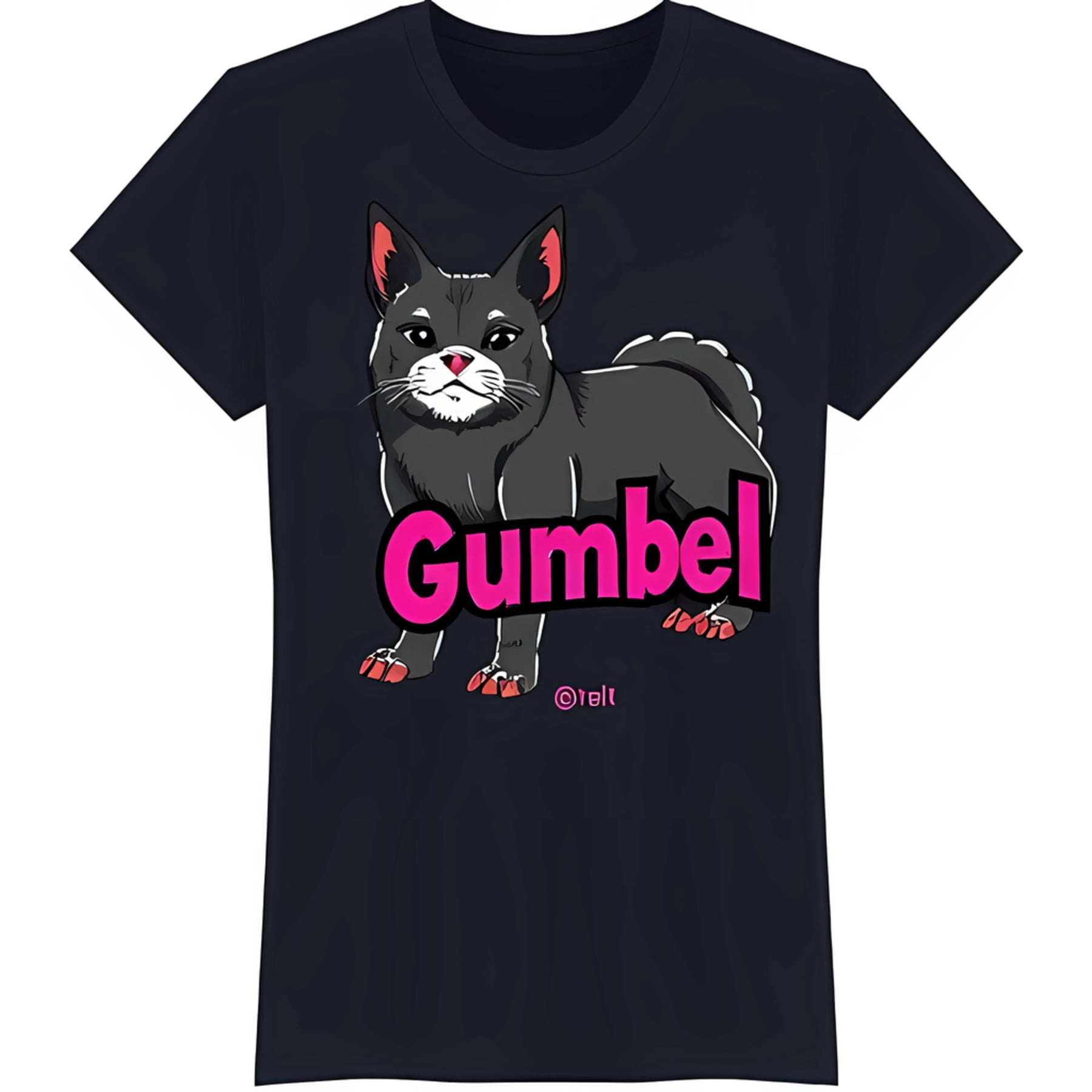 Black T-Shirt with Cartoon Cat Illustration 'Gumbel' Design with Tail ...