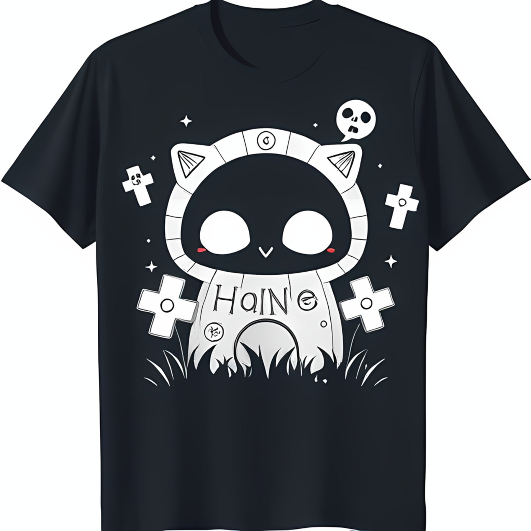 Black T-Shirt with Cartoon Cat in Robot Suit Graveyard Design & 'HAIN'E ...
