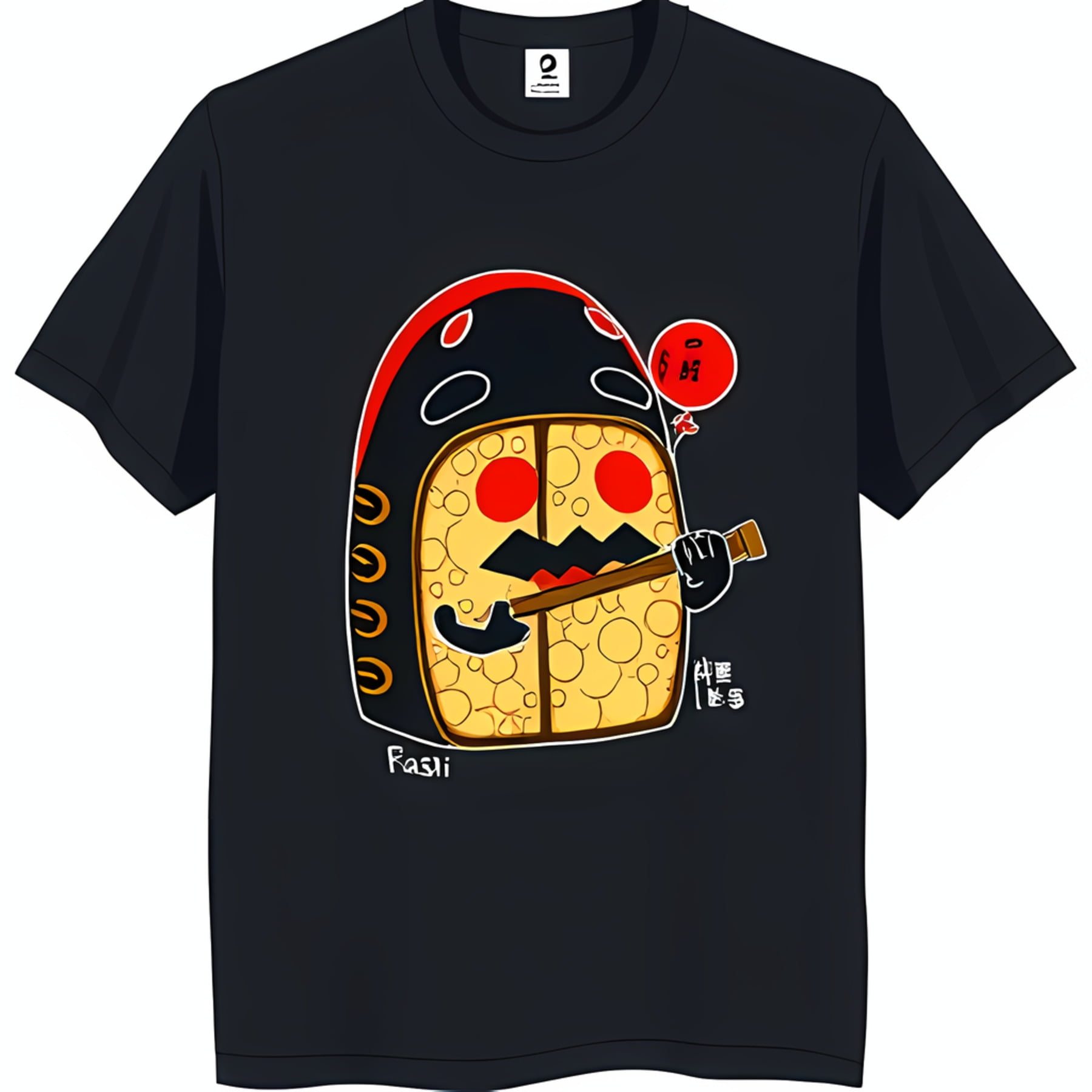 Black T-Shirt with Cartoon Character: Yellow & Black Creature Pointing ...