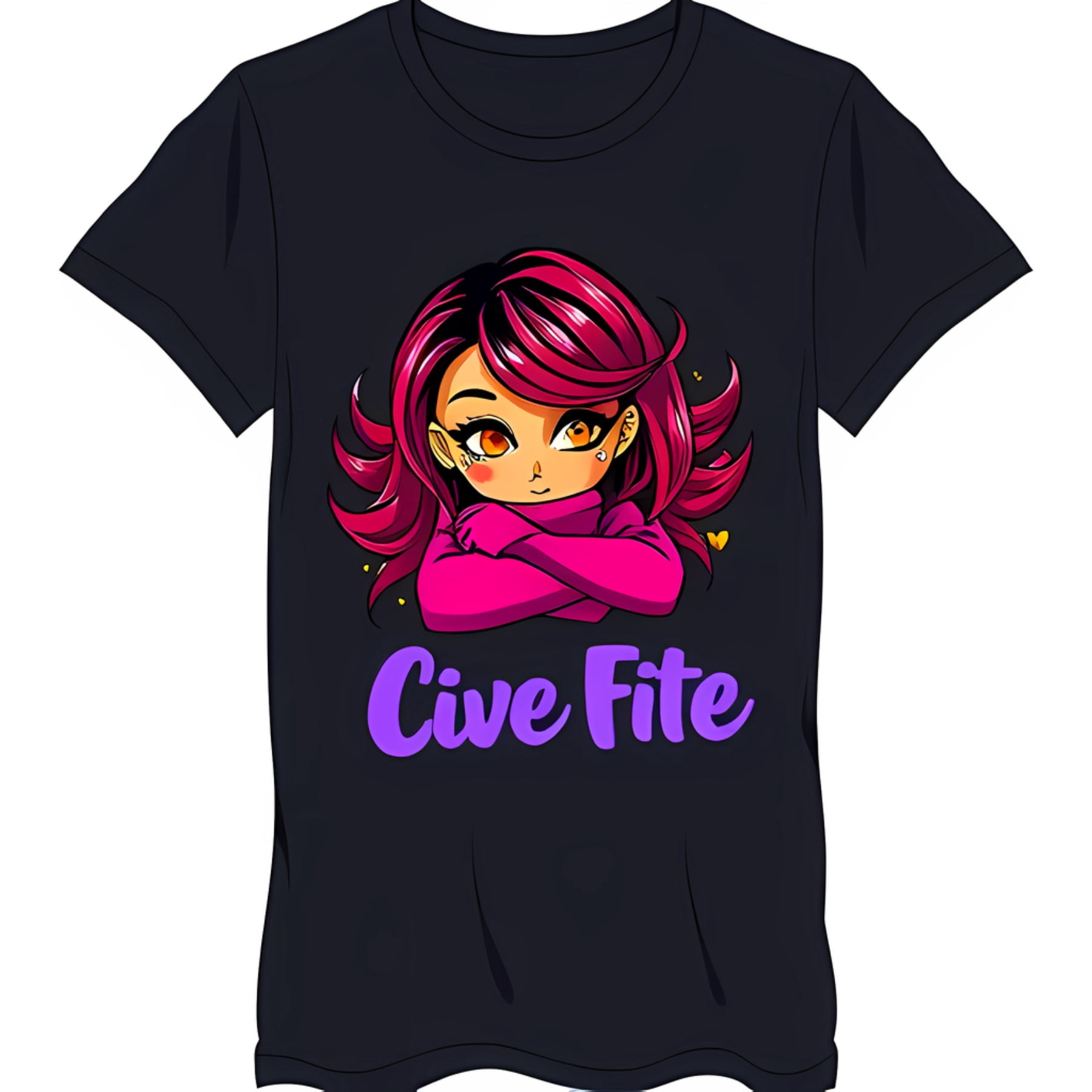 Black T-Shirt with Cartoon Character in Pink Sweater & Big Eyes ...