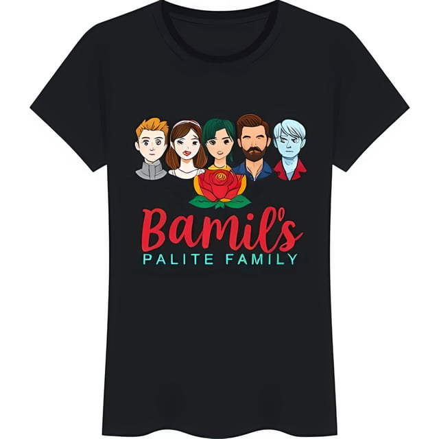 Black T-Shirt with Cartoon Characters 'Bamil's Palite Family' Graphic ...