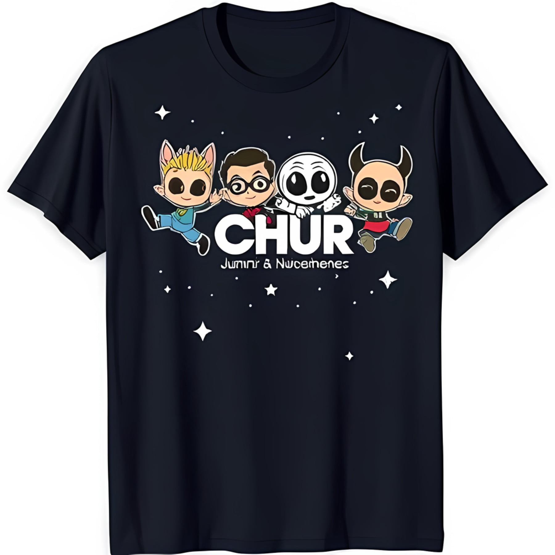 Black T-Shirt with Cartoon Characters: Boy Girl Ghost & Horned Boy ...