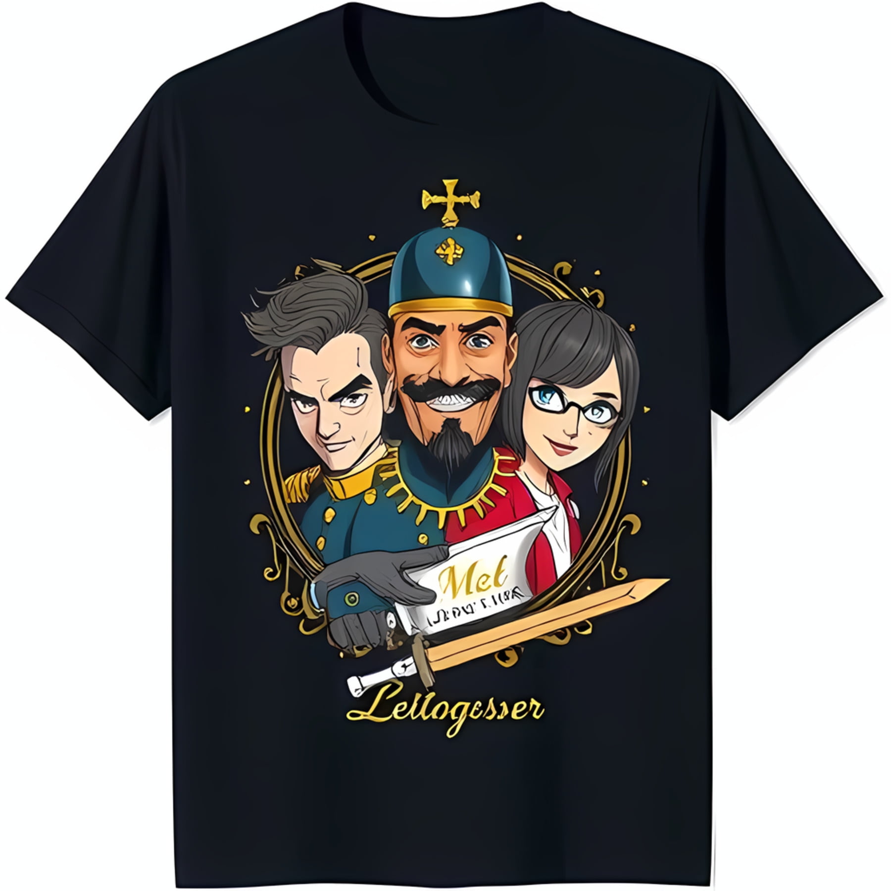 Black T-Shirt with Cartoon Characters: Crowned Man Figure & Woman 'Mel ...