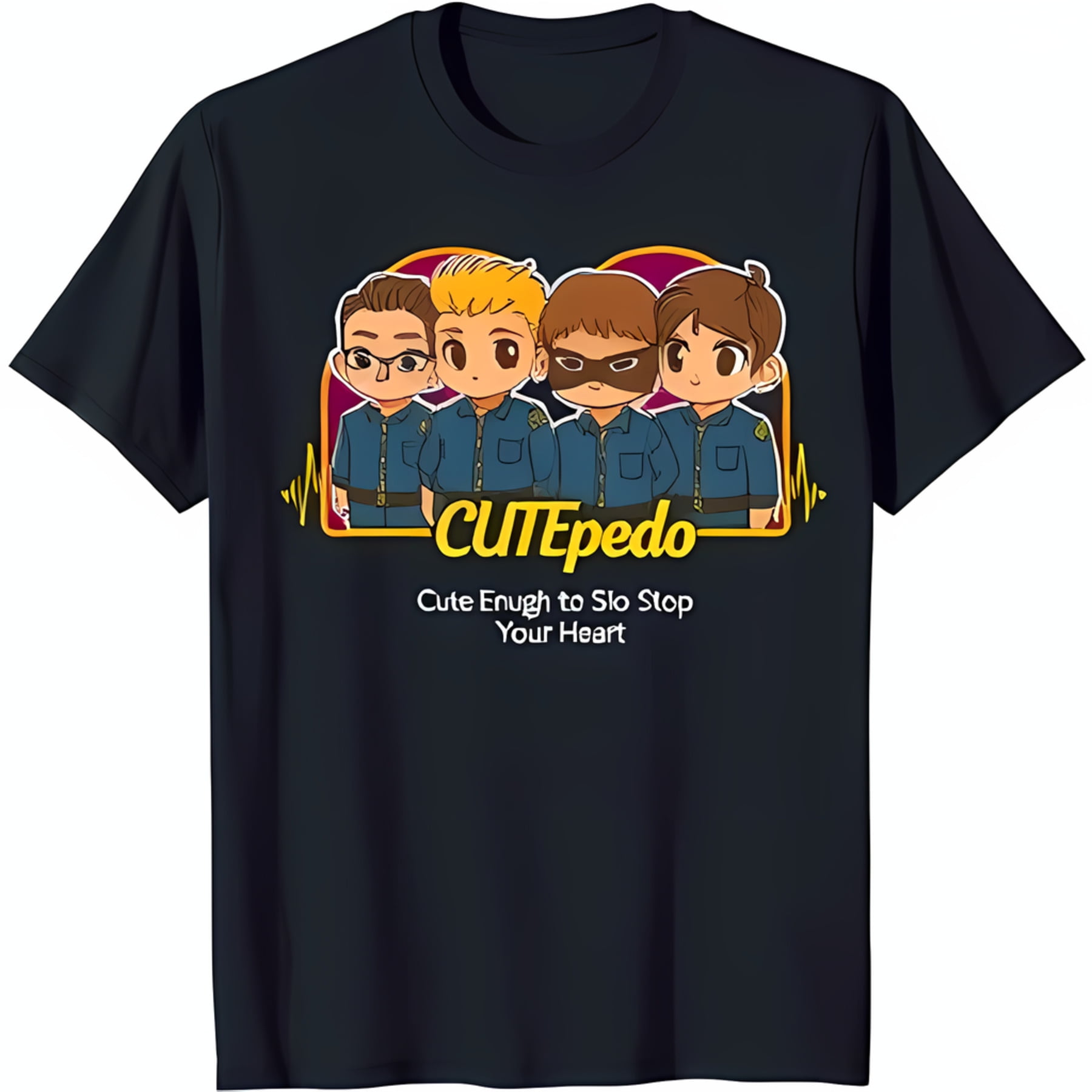 Black T-Shirt with Cartoon Characters in Blue Uniforms & 'Cutepedo ...