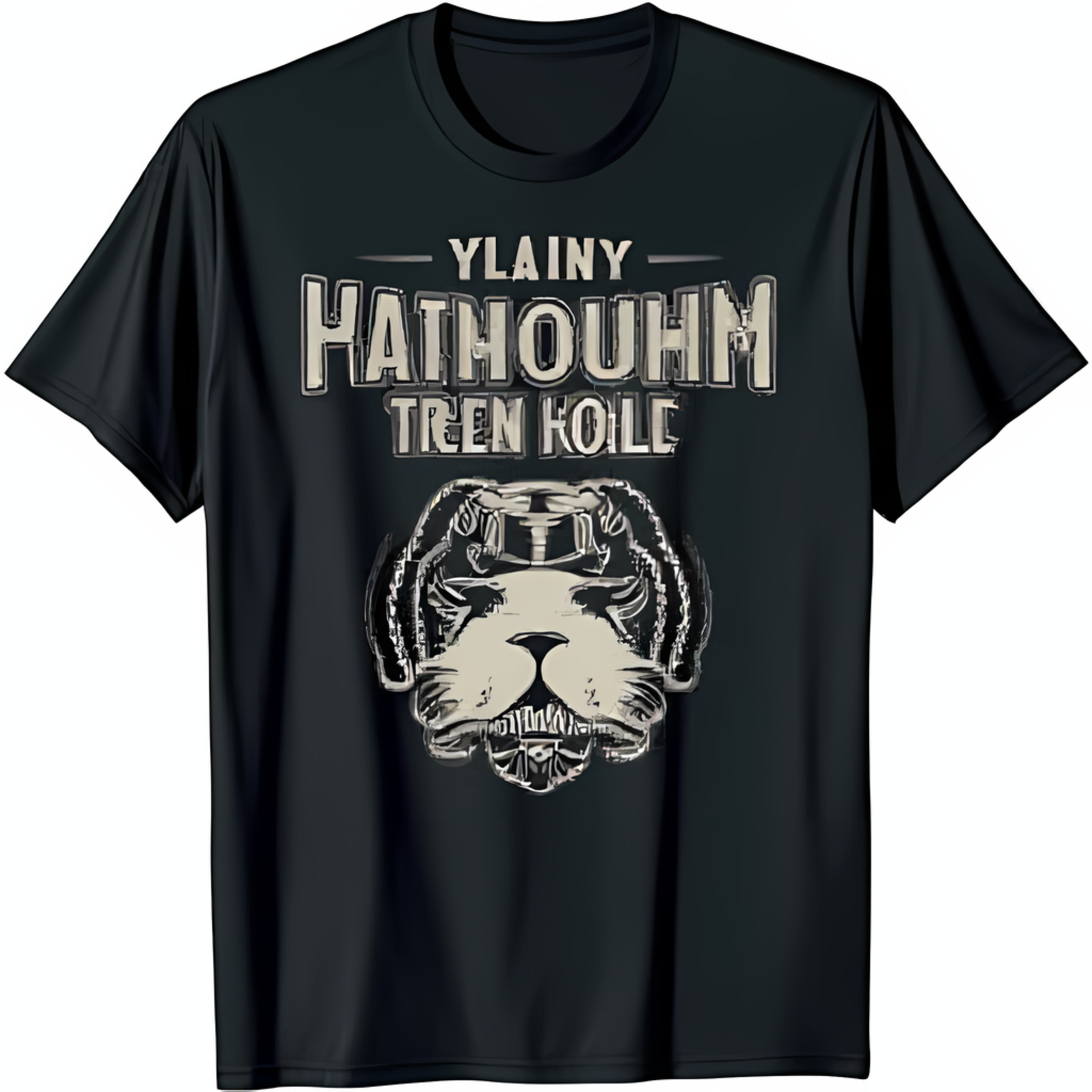 Black T-Shirt with Cartoon Dog Wearing Hat & 'Ylainy Hathouhm Koile ...