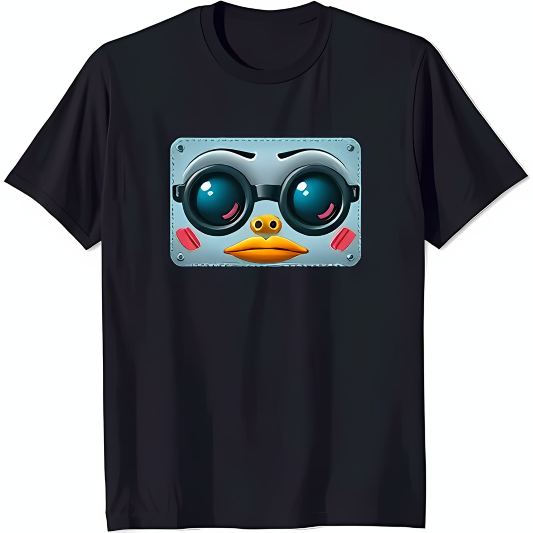 Black T-Shirt with Cartoon Face Design Light Blue Face Yellow & Pink ...