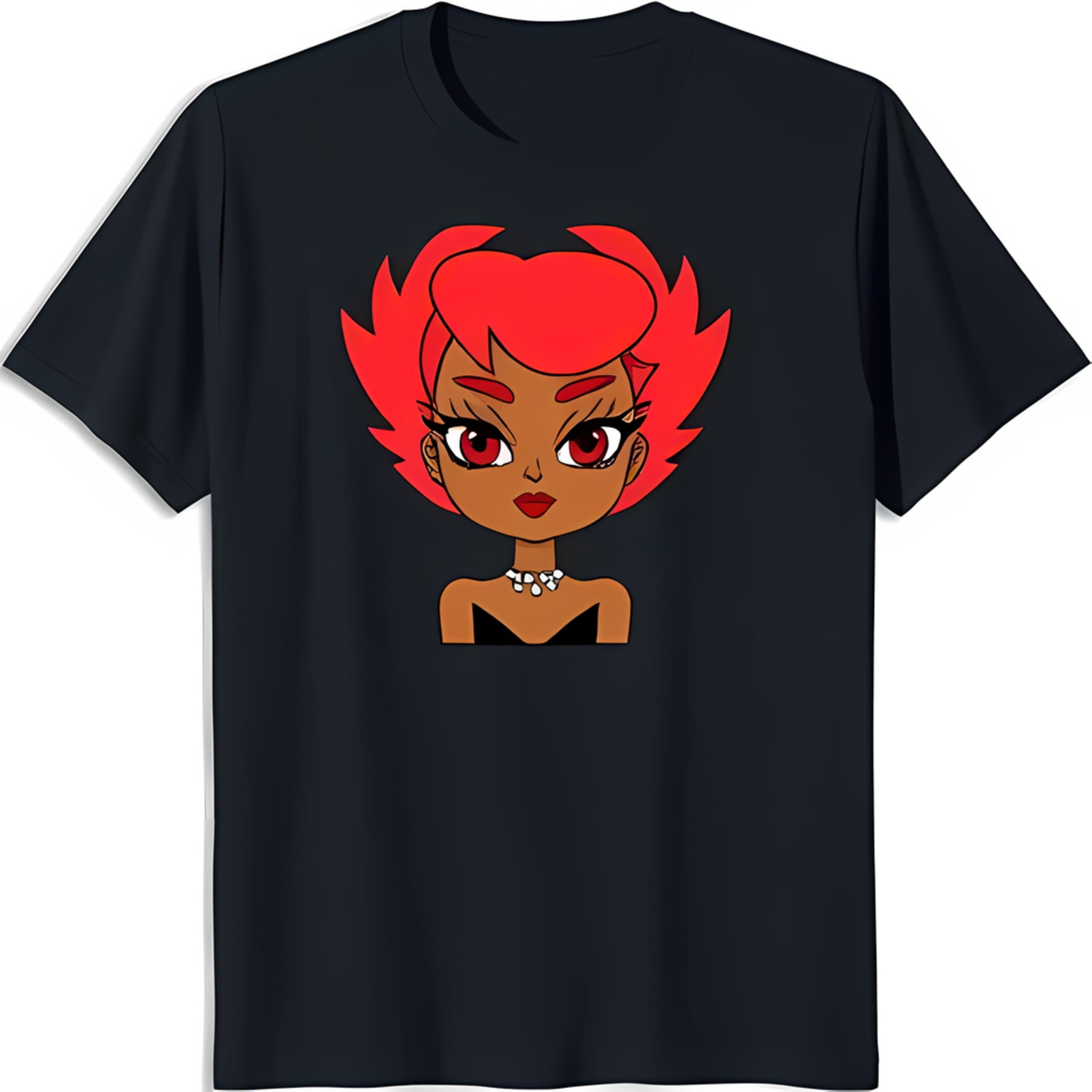 Black T-Shirt with Cartoon Girl Design Red Hair Black Dress Large Eyes ...