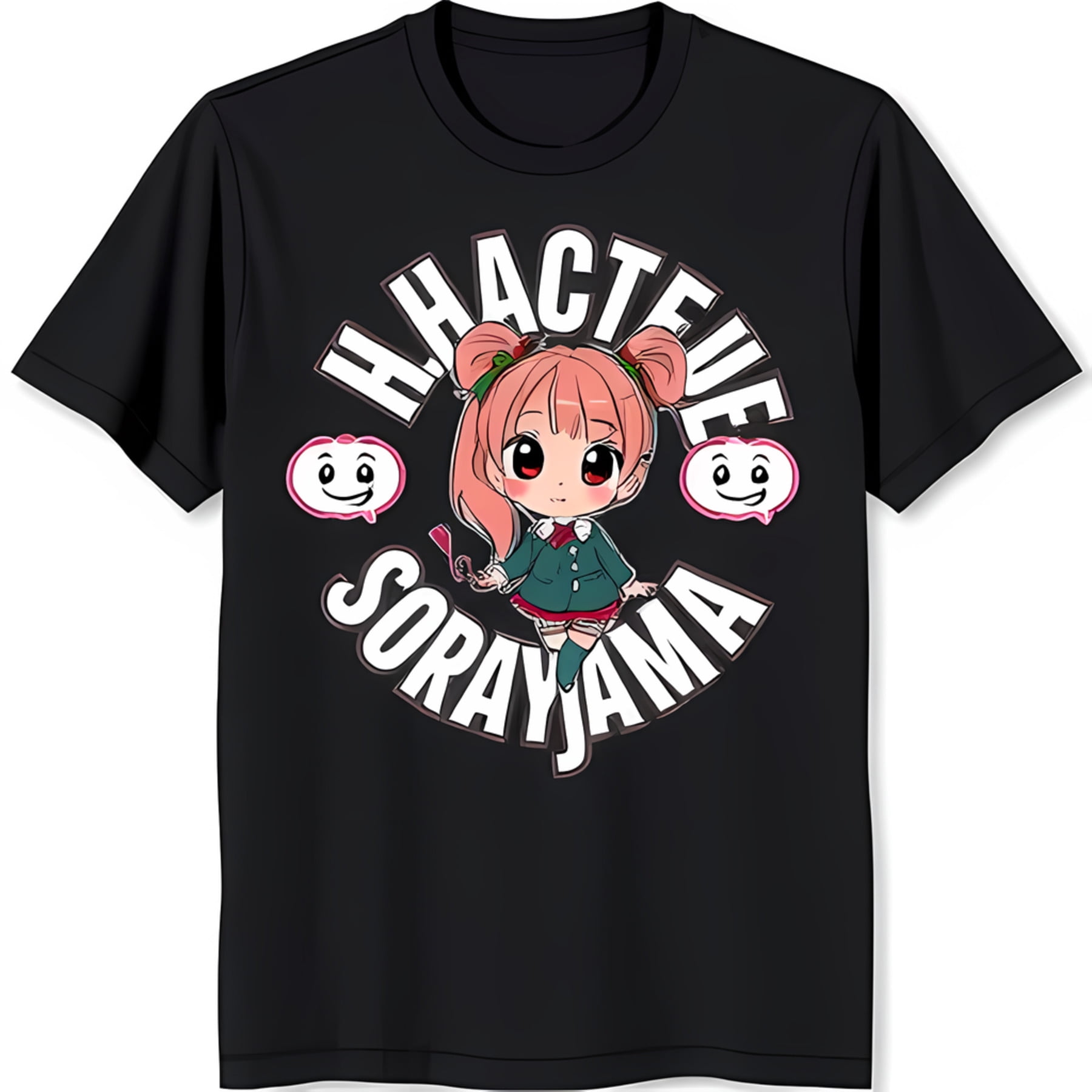 Black T-Shirt with Cartoon Girl Graphic Pink Hair Green & Skirt ...
