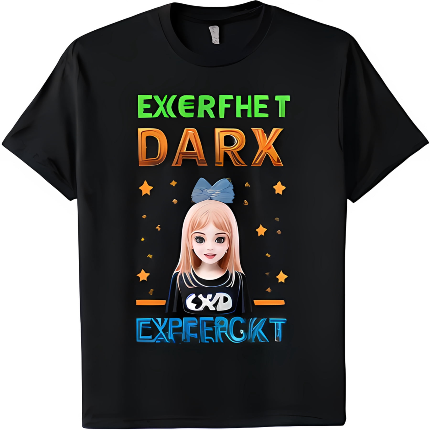 Black T-Shirt with Cartoon Girl Hair & Blue Bow EXERFHET DARX Design - Walmart.com