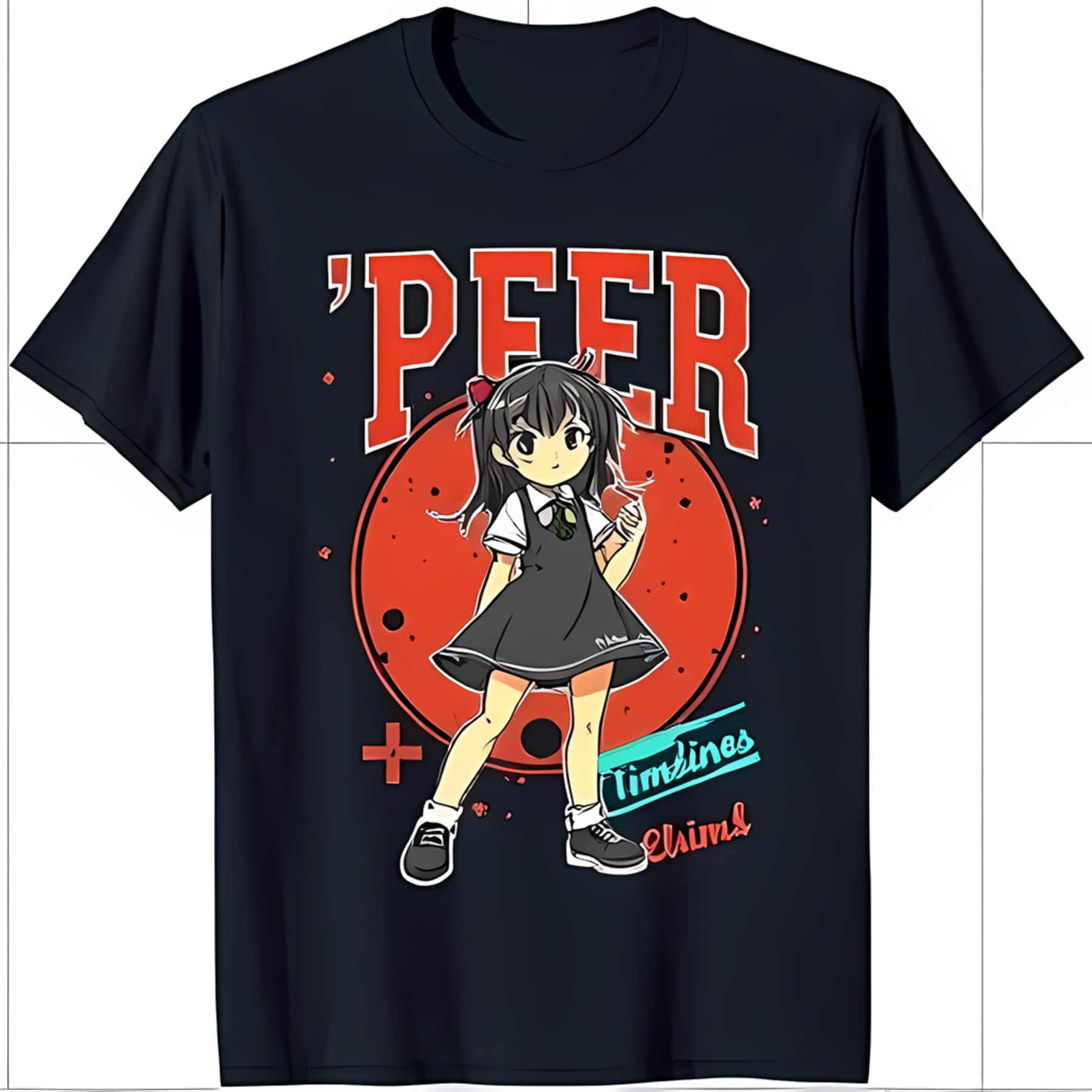 Black T-Shirt with Cartoon Girl Red Circle Stars & 'PEER TIMELINES ...