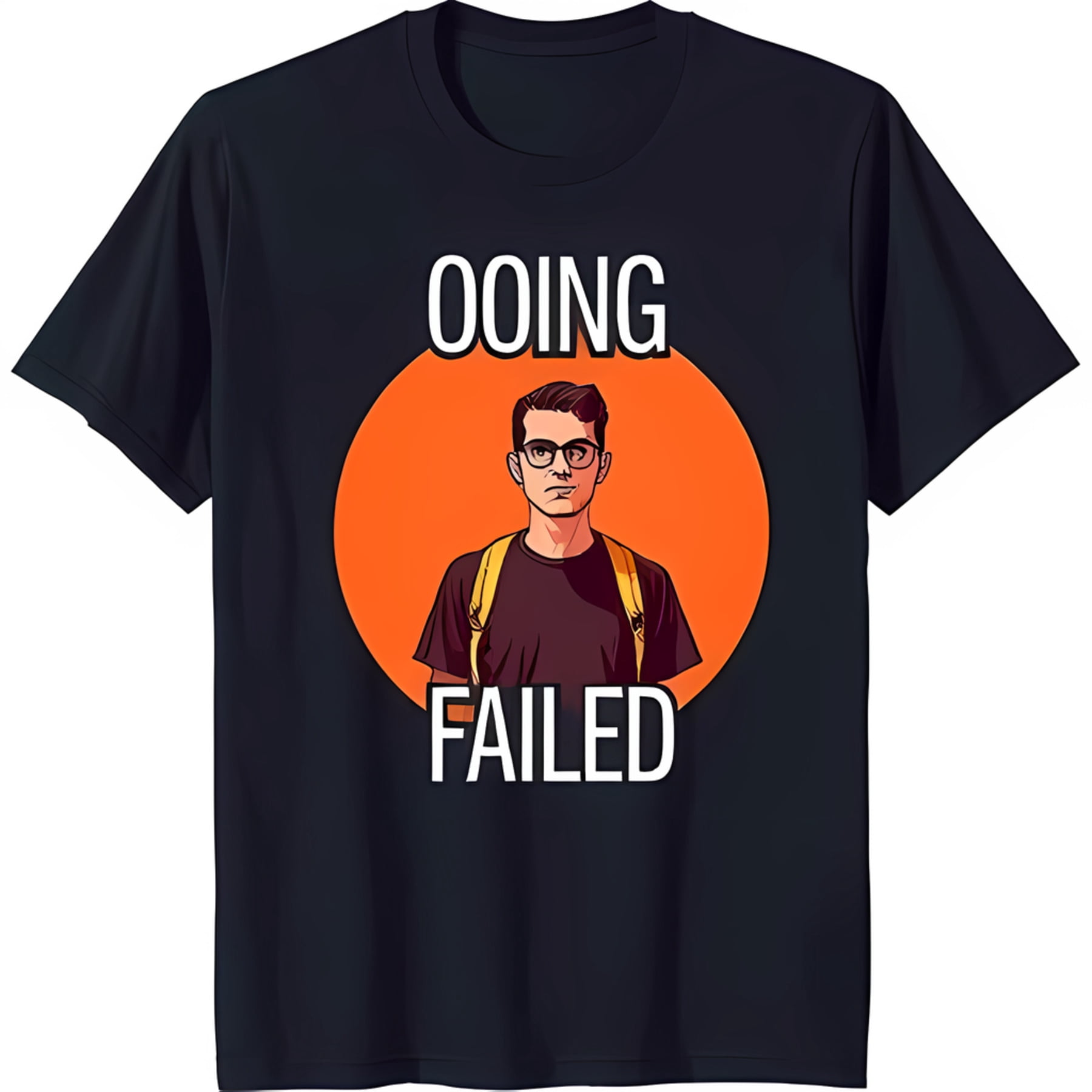 Black T-Shirt with Cartoon Graphic: Person with Glasses & Backpack ...