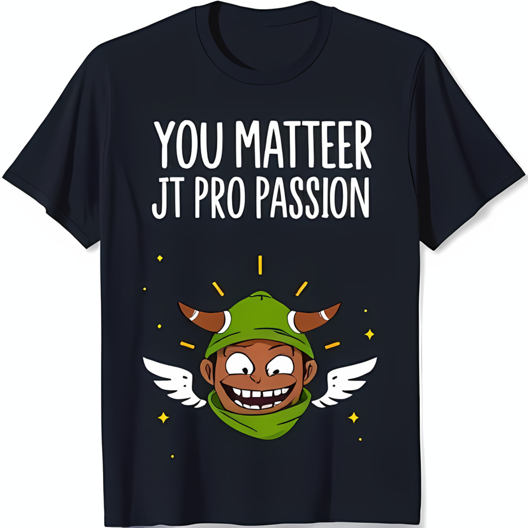 Black T-Shirt with Cartoon Green Character Horns & 'You Matteer JT Pro Passion' Design - Walmart.com