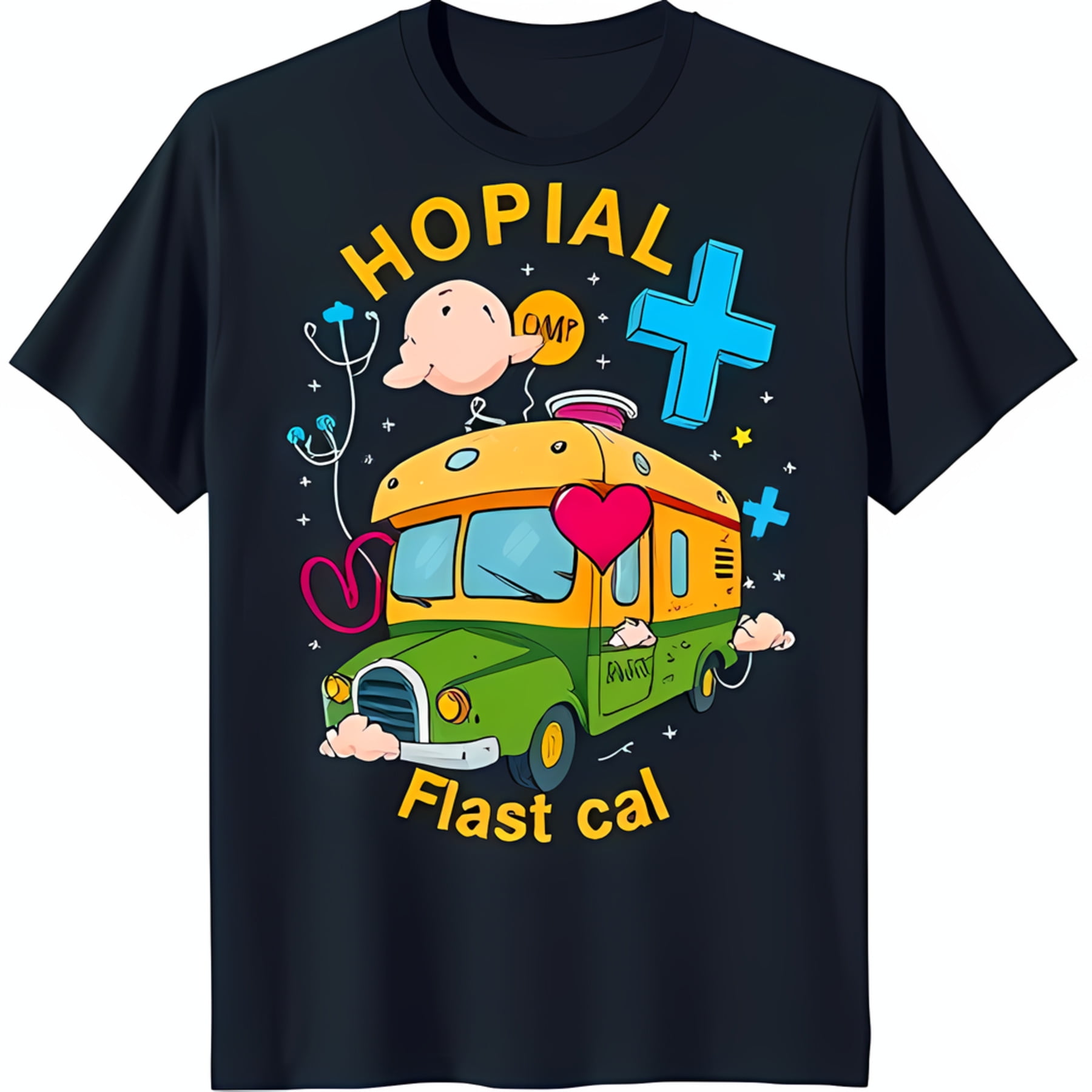 Black T-Shirt with Cartoon Green & Yellow Bus Heart Design 'HOPIAL' Sign Plus Signs & 'Flast cal ...