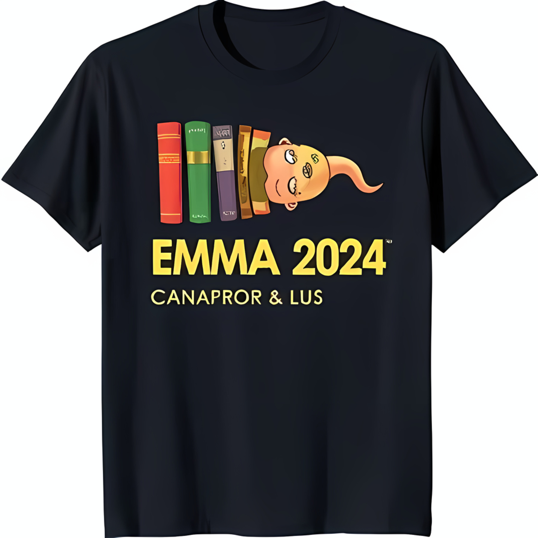 Black T Shirt With Cartoon Head Reading Upside Down And Stack Of Emma 2024