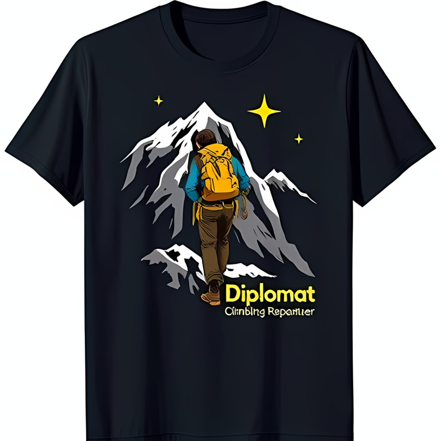 Black T-Shirt with Cartoon Hiker in Mountain Range & Yellow Backpack ...