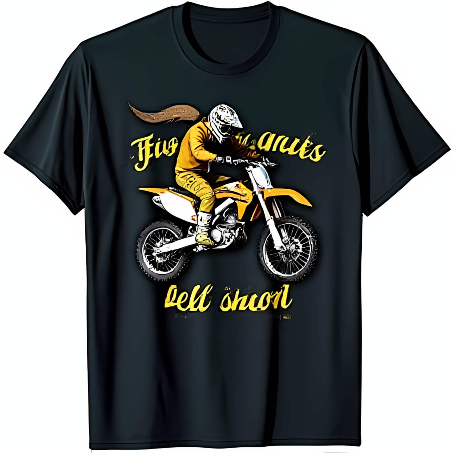 Black T-Shirt with Cartoon Motocross Design Yellow Motorcycle & 'Flying ...