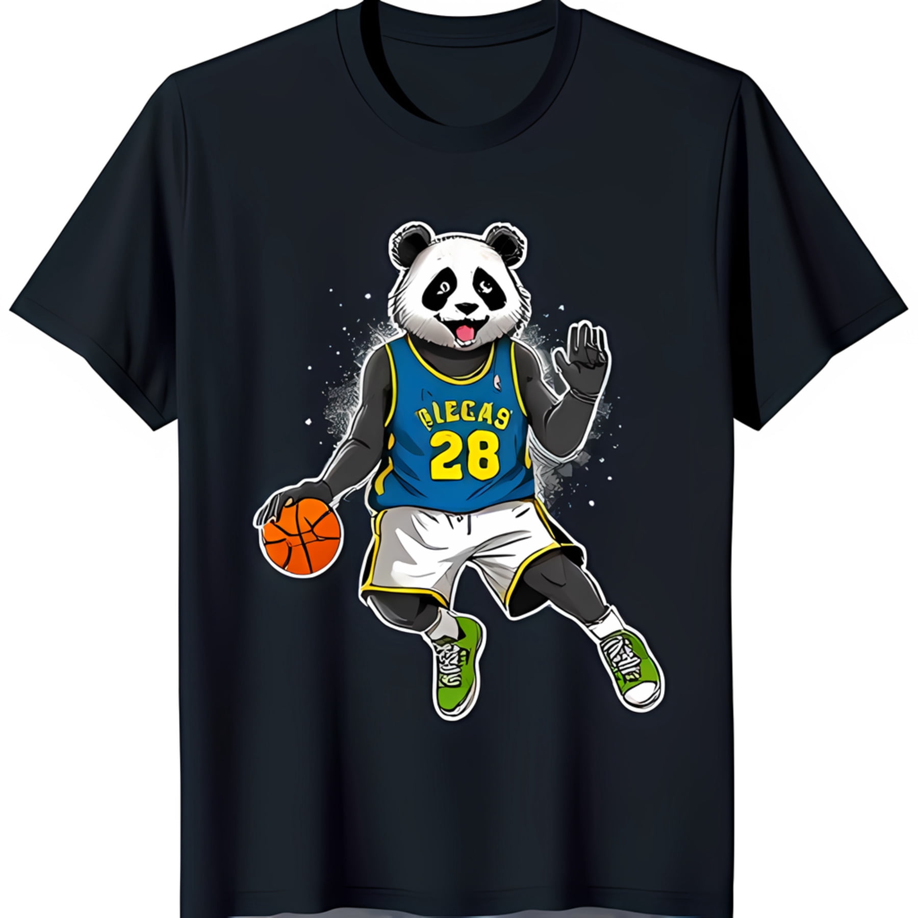 Black T-Shirt with Cartoon Panda Playing Blue Jersey #28 Stars ...