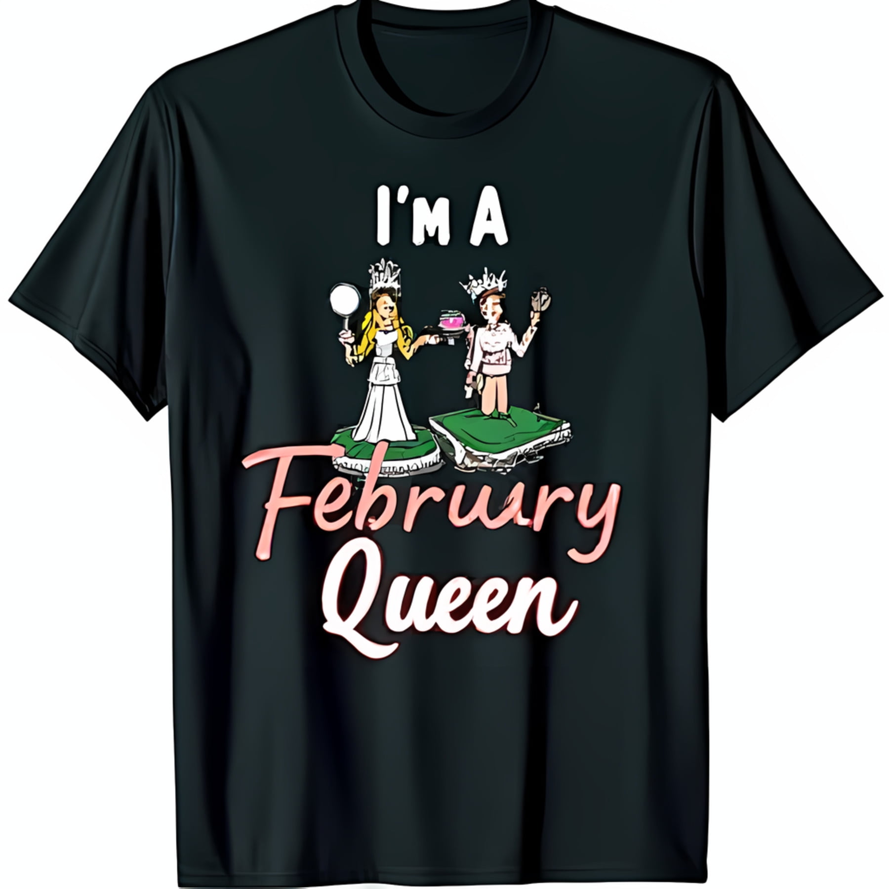Black T-Shirt with Cartoon Queens Graphic I M A February Queen Design ...
