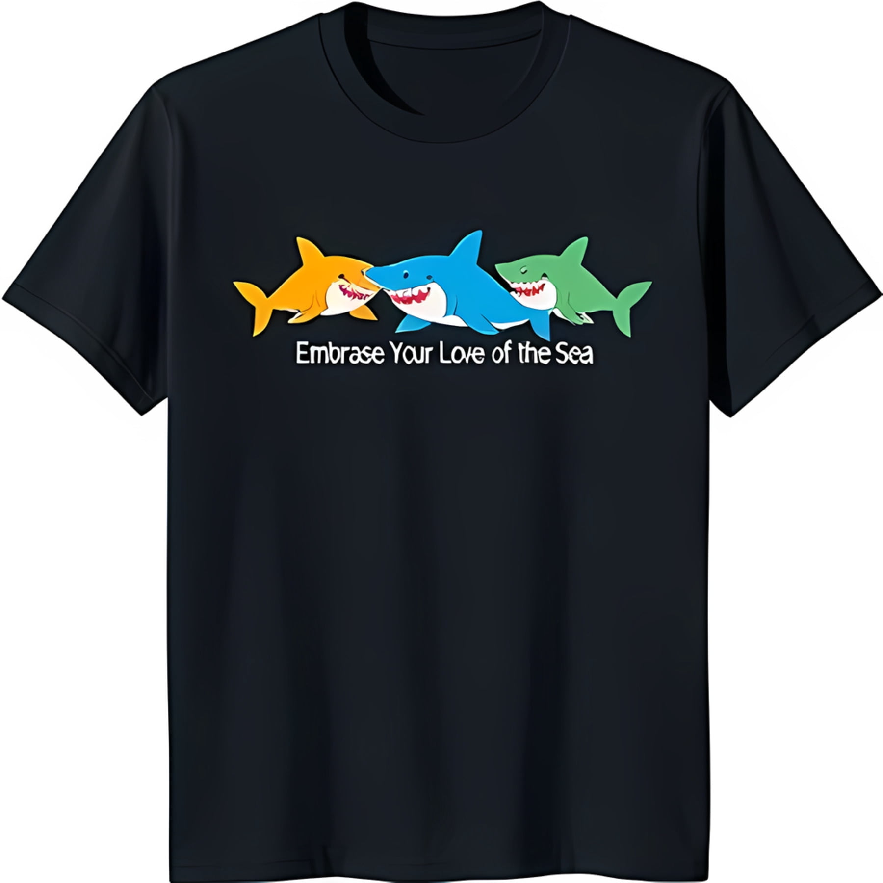 Black T-Shirt with Cartoon Sharks: Blue and Green 'Embrace Your Love of ...